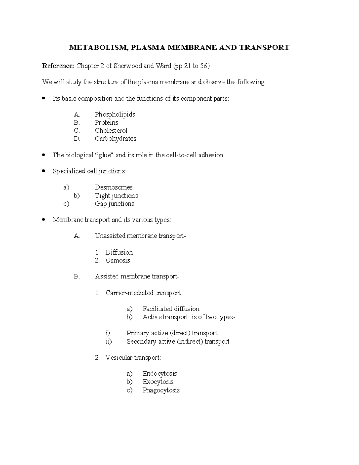 Chapter 2(B) - METABOLISM, PLASMA MEMBRANE AND TRANSPORT Reference ...