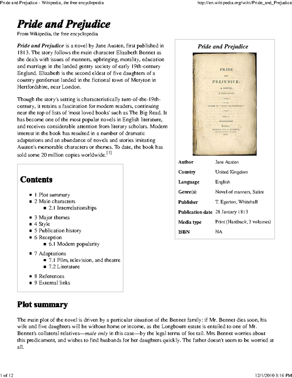 Pride and Prejudice Summary - Pride and Prejudice Author Jane Austen ...