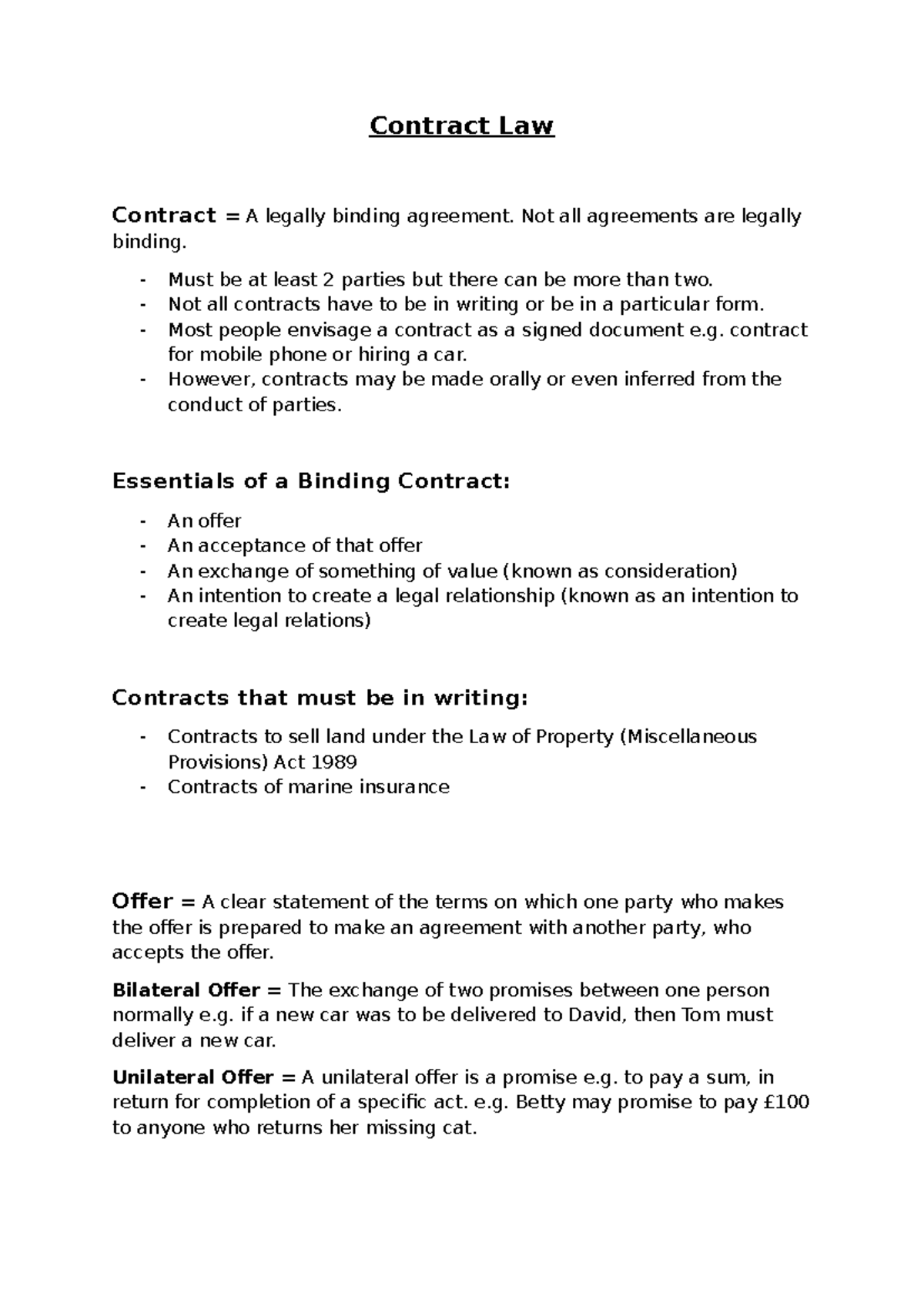 WEEK 3 Contract Law - week 3 notes - Contract Law Contract = A legally ...