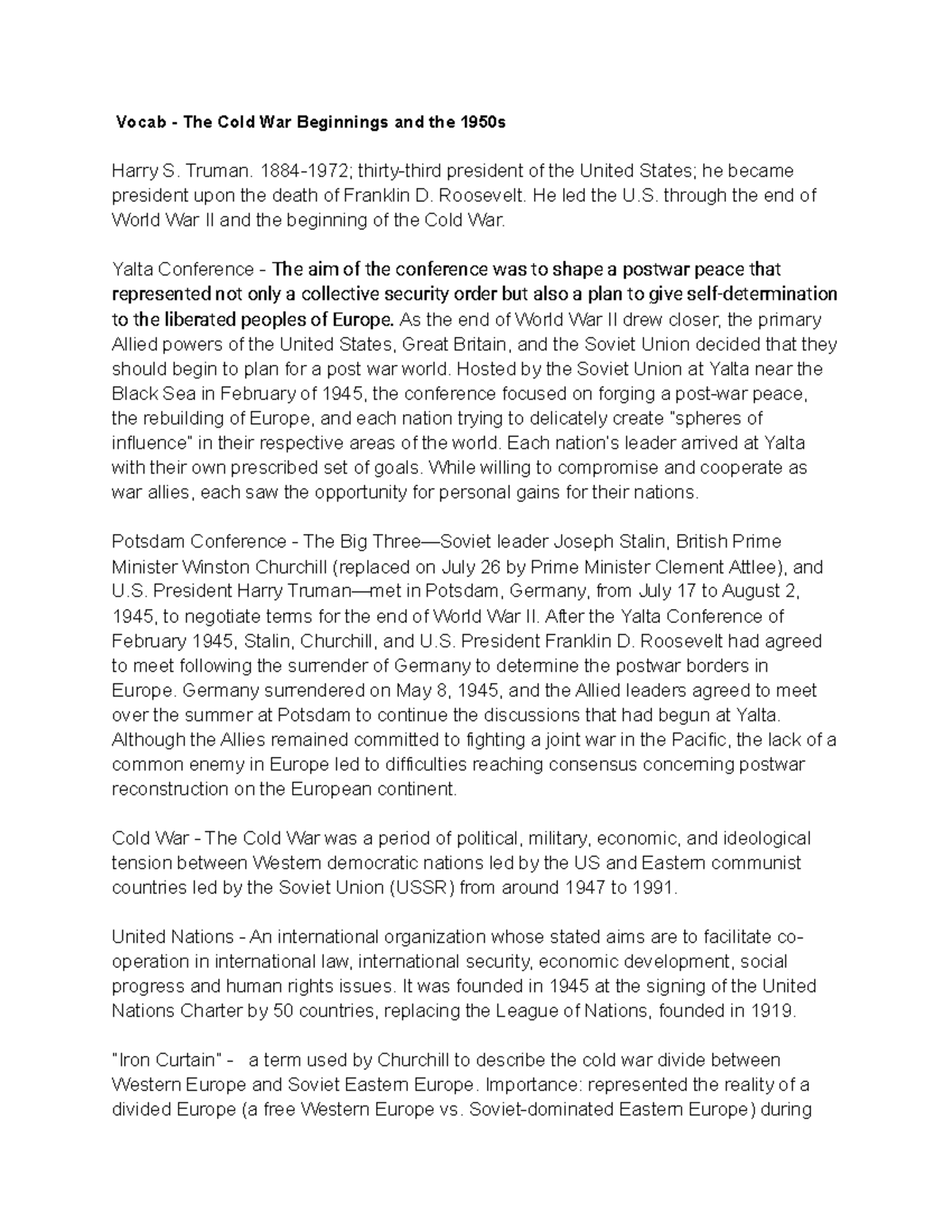 Cold War Final Exam Study Guide - Vocab - The Cold War Beginnings and ...