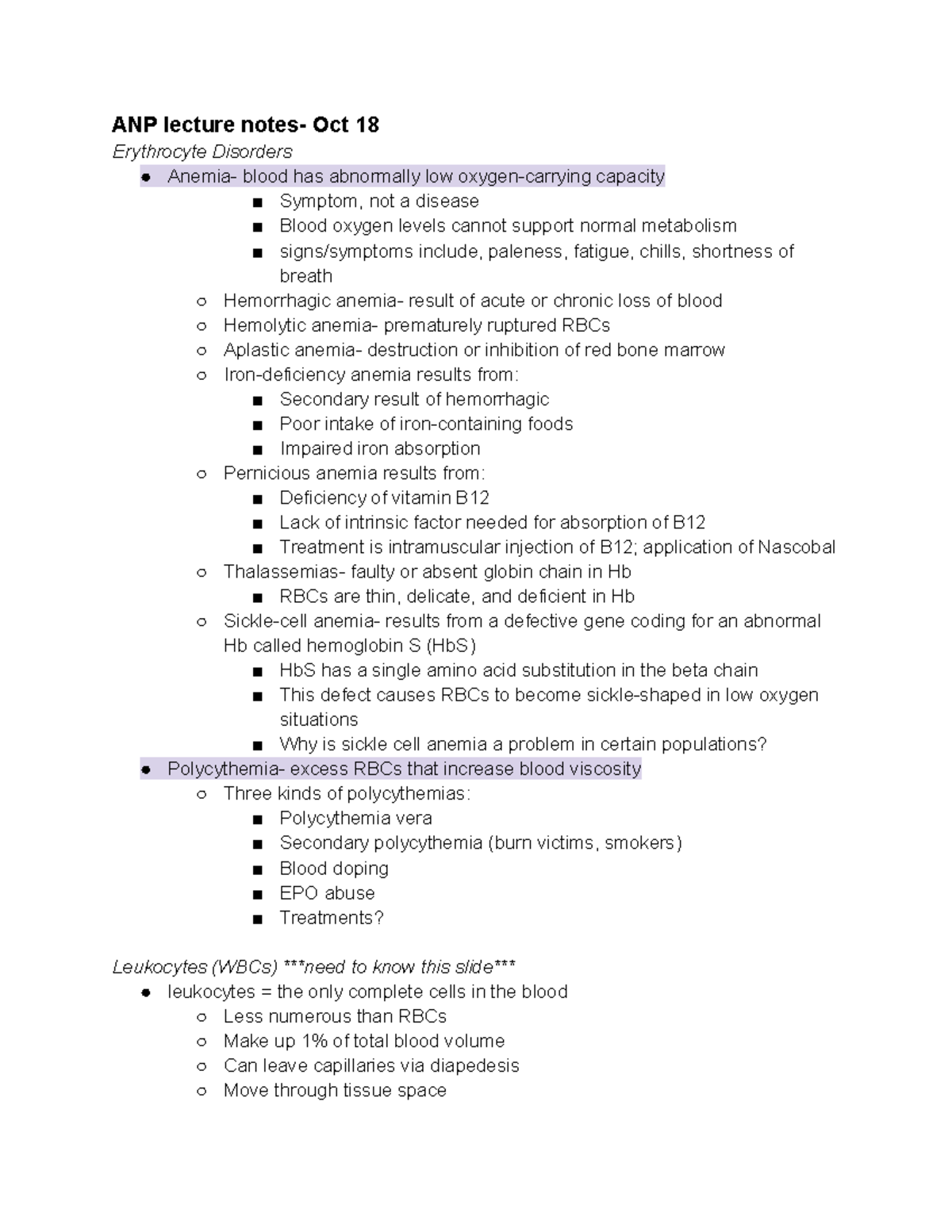 ANP 1105 lecture notes- blood disorders - ANP lecture notes- Oct 18 ...