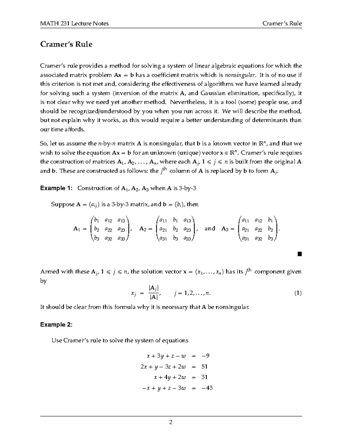 Cramers Rule - MATH 231 Lecture Notes Cramer’s Rule Cramer’s Rule ...