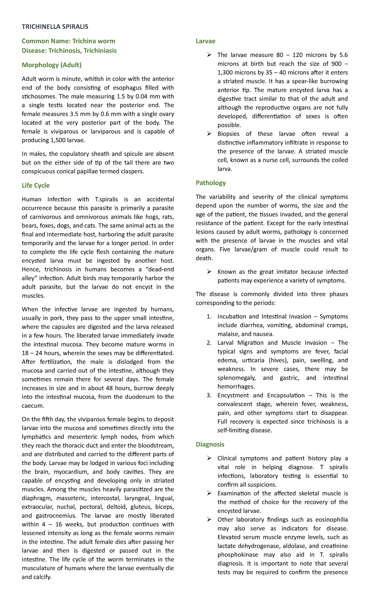 Trichinella Spiralis reviewer - TRICHINELLA SPIRALIS Common Name ...
