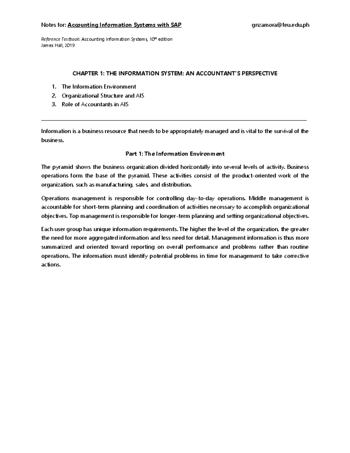 ACT1127 Notes to AIS Chapter 1 - Reference Textbook: Accounting ...