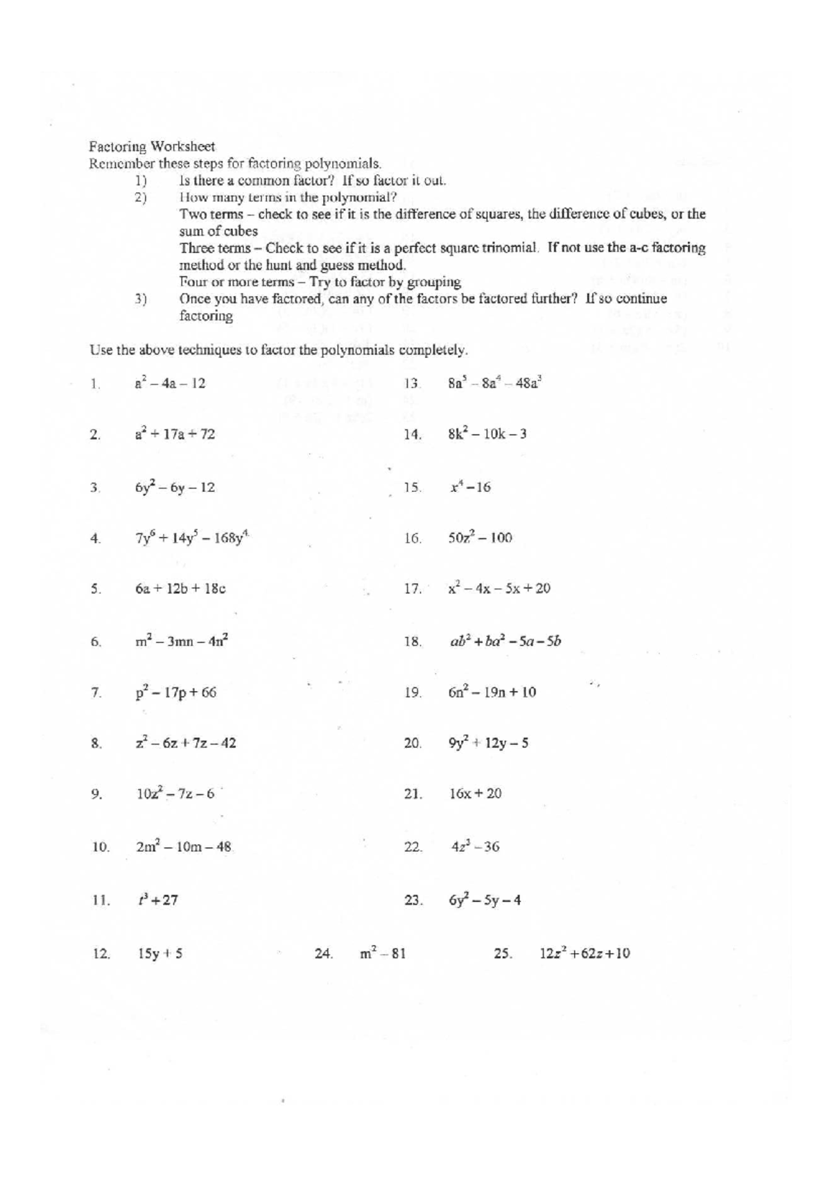 Factoring-Polynomials-Pretest - Factoring Worksheet Remember these ...