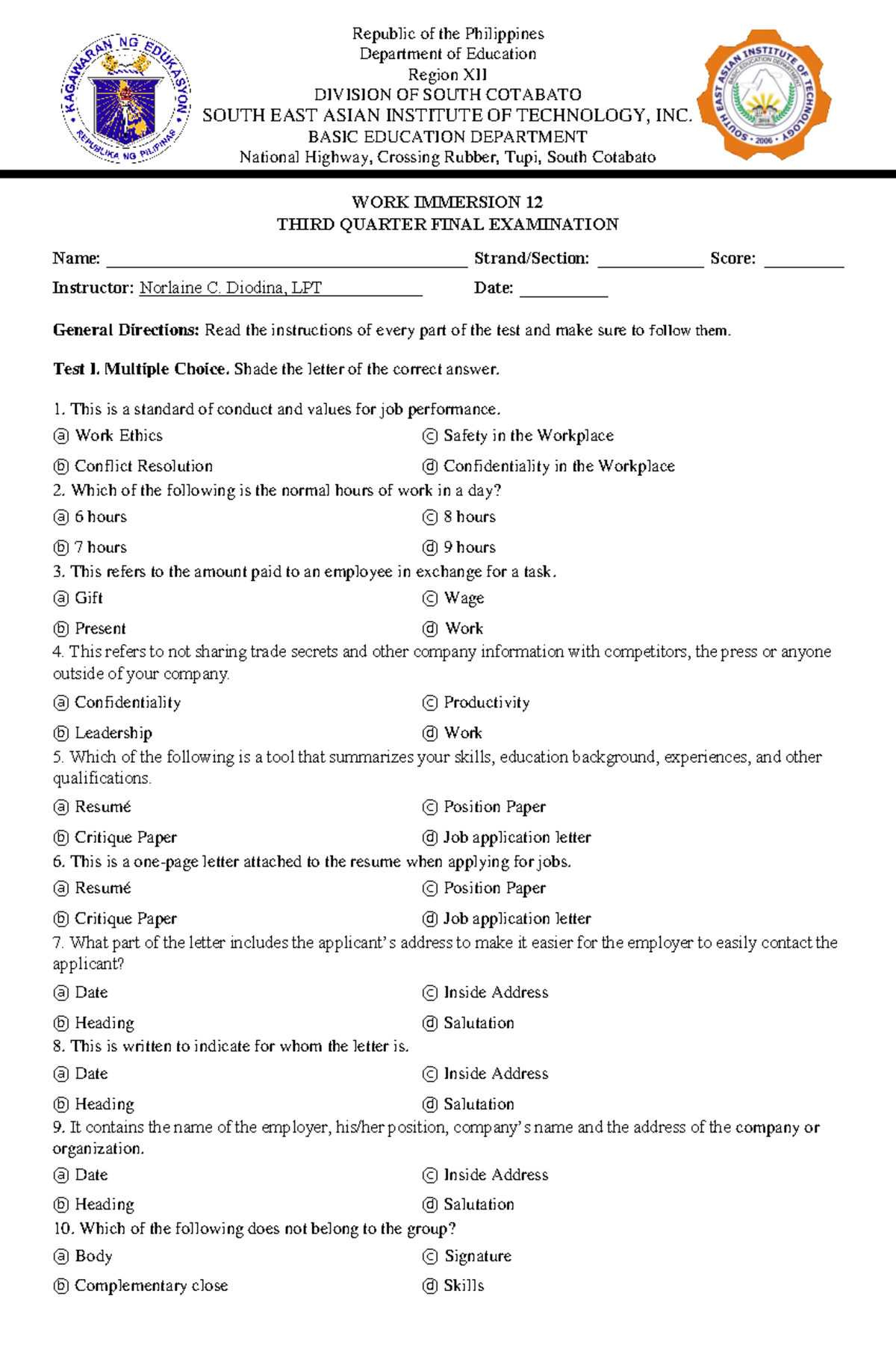 WORK Immersion EXAM 28 copies - WORK IMMERSION 12 THIRD QUARTER FINAL ...