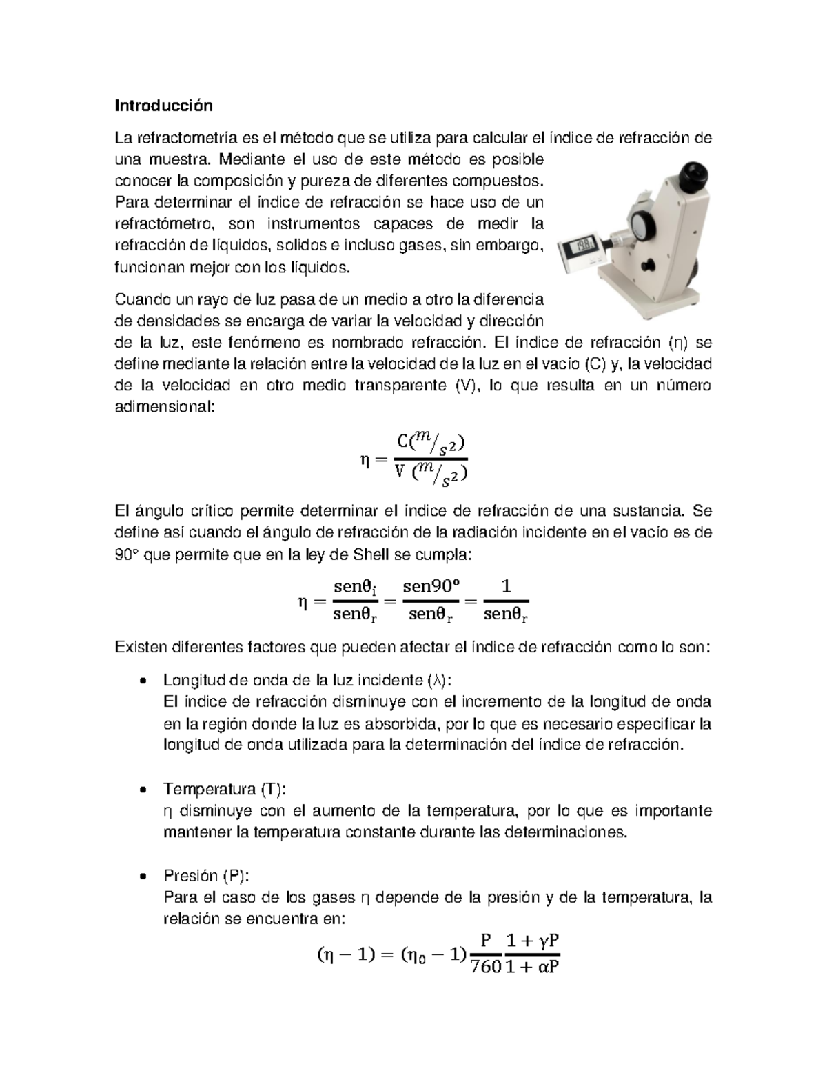 Refractometría - Introducción La refractometría es el método que se ...