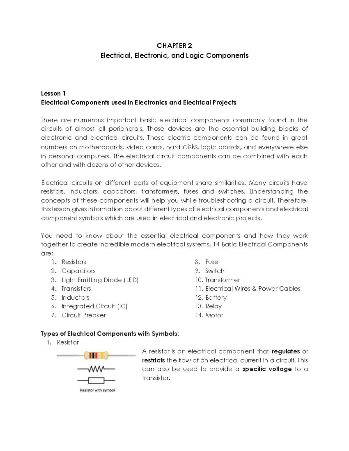 Chapter 2 (Lesson 1) Electrical Components - CHAPTER 2 Electrical ...
