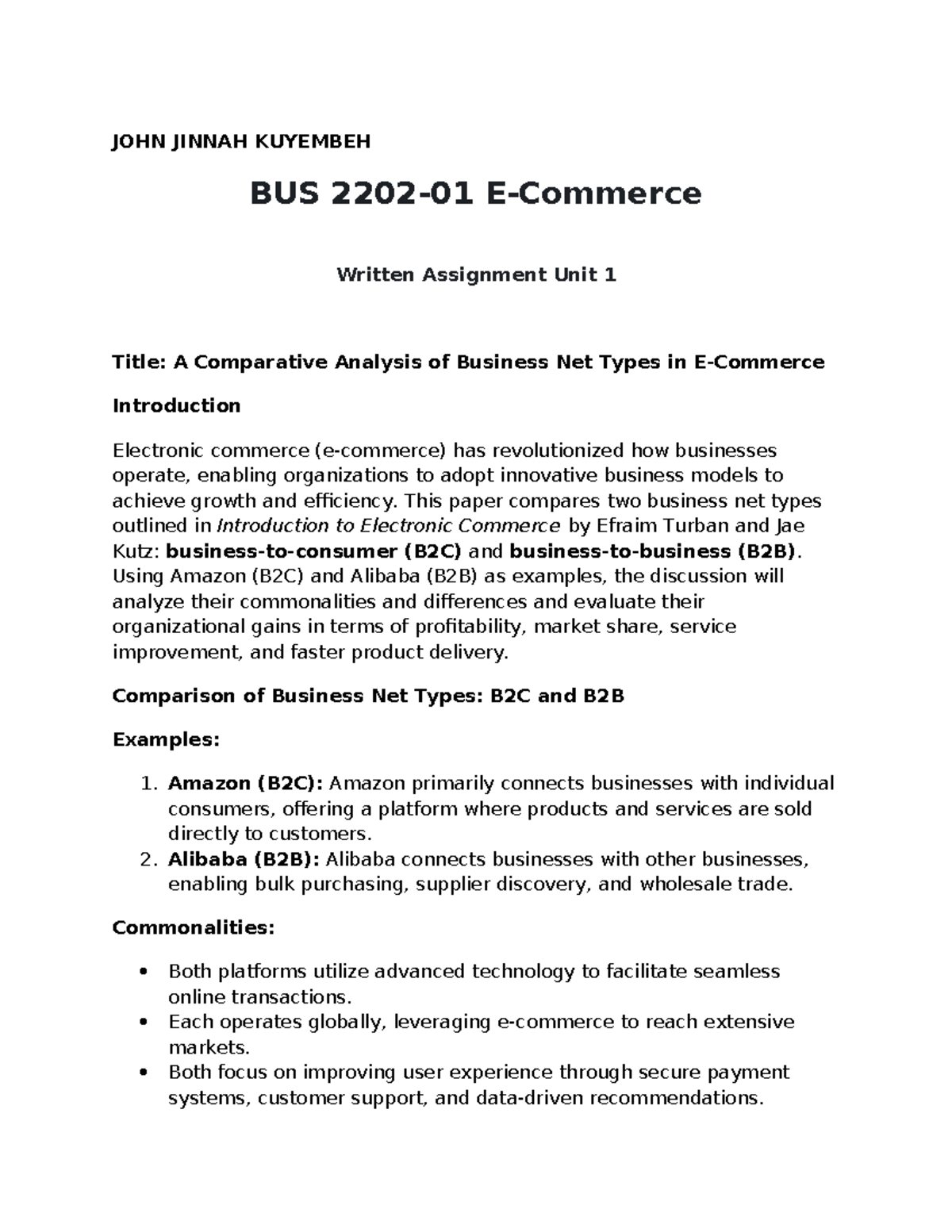 Document 3 - note - JOHN JINNAH KUYEMBEH BUS 2202-01 E-Commerce Written Assignment Unit 1 Title ...