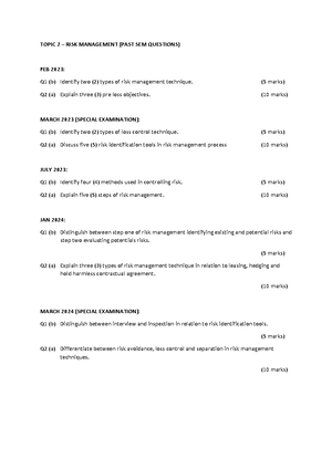 Ins200 past year tutorial 2 - TOPIC 2 – RISK MANAGEMENT (PAST SEM QUESTIONS) FEB 2023: Q1 (b ...