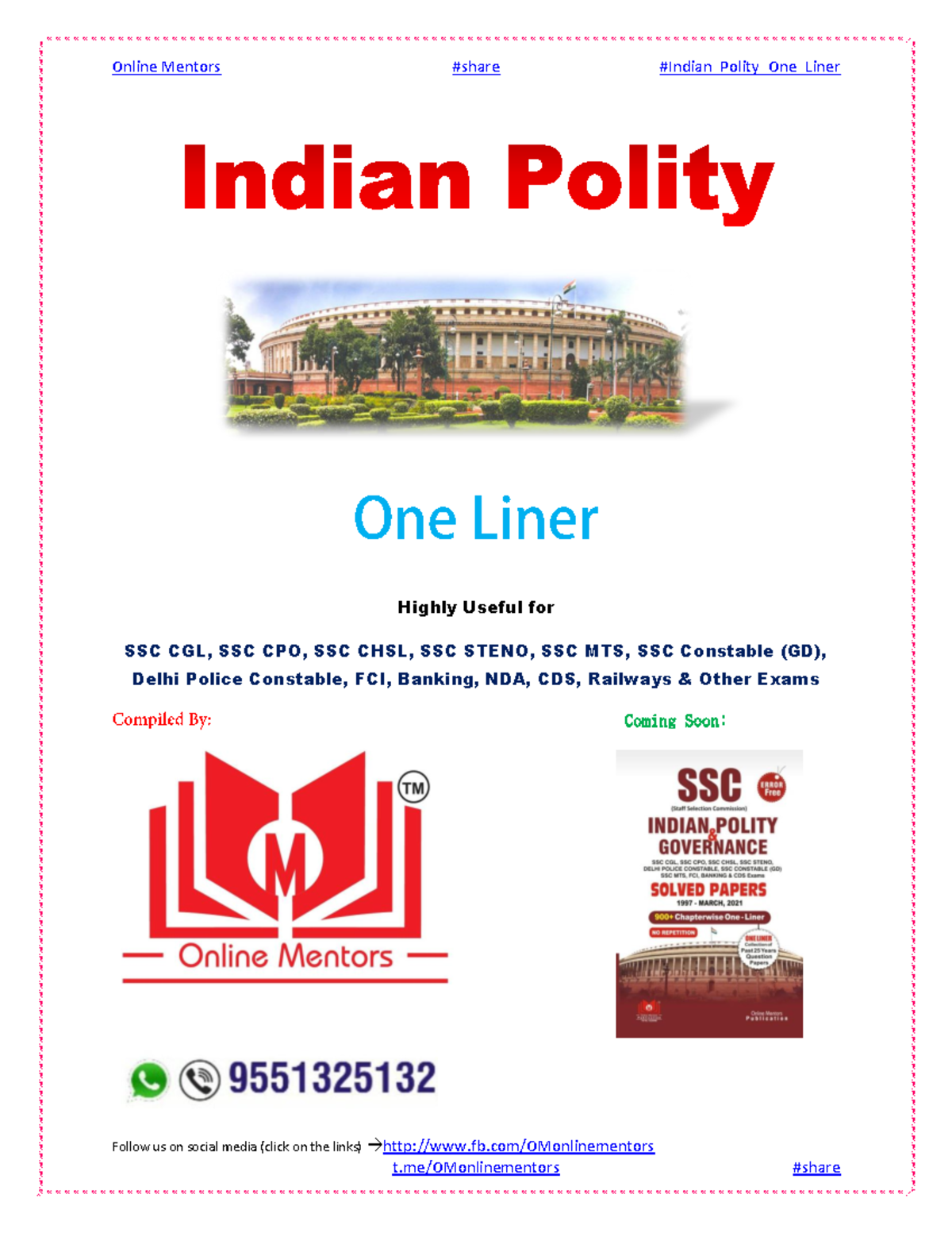 Indian Polity One Liner - Follow us on social media (click on the links ...