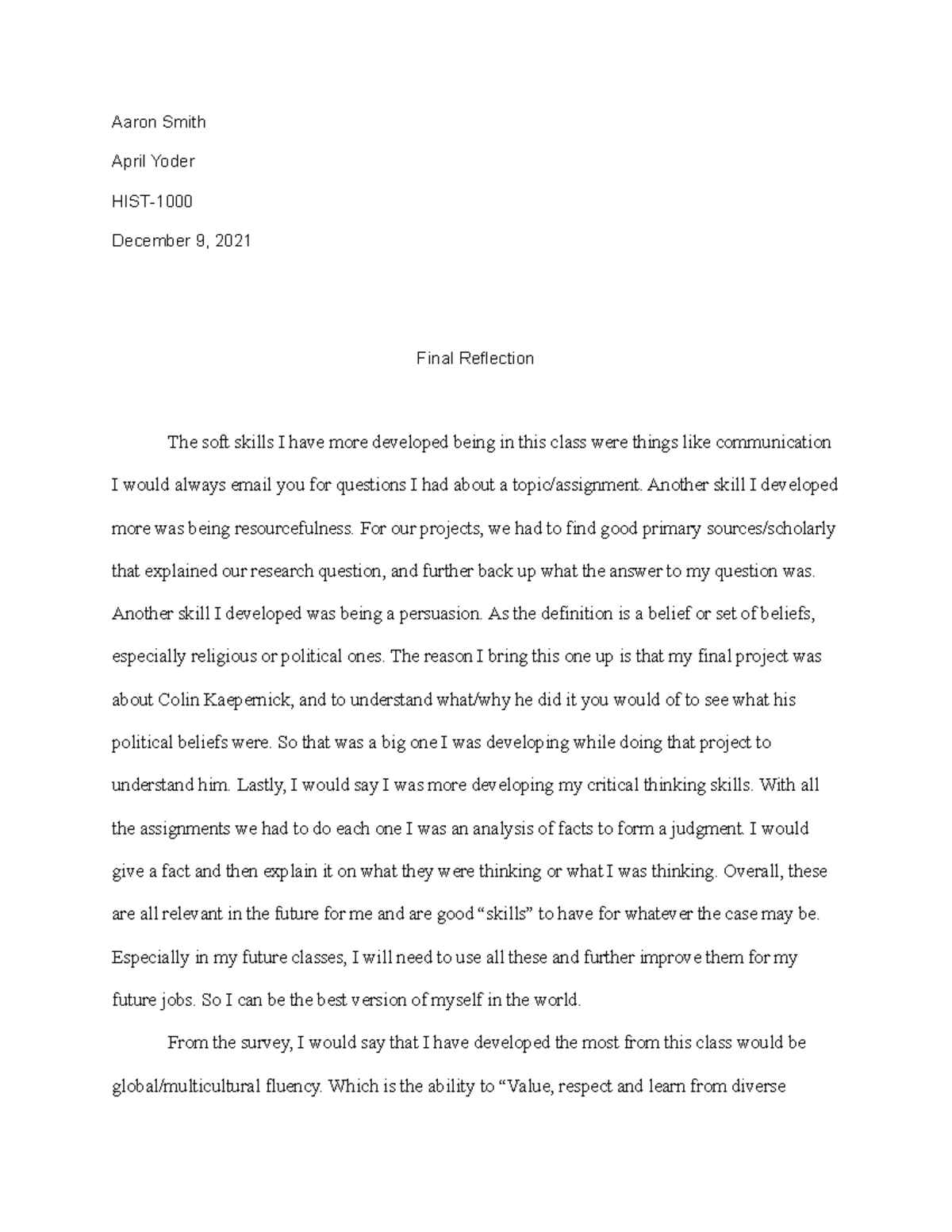 Final Reflection - Aaron Smith April Yoder HIST- December 9, 2021 Final ...