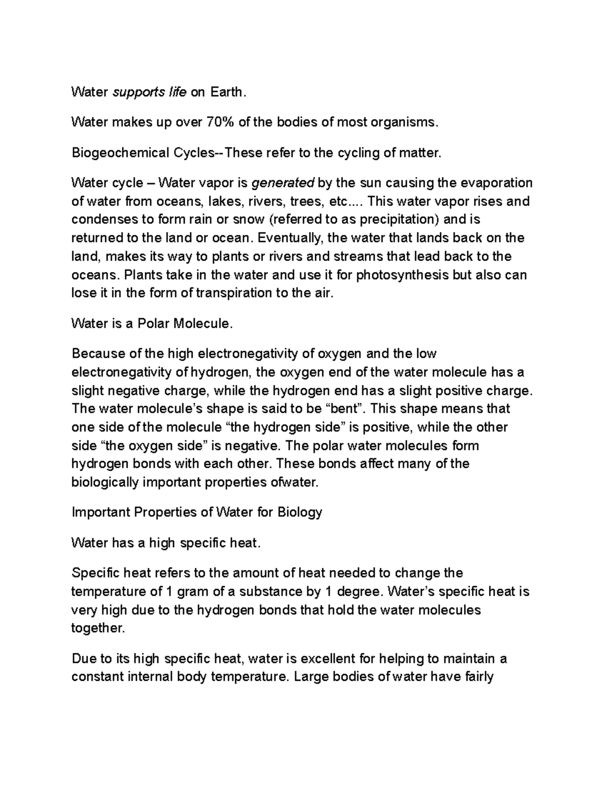 AP Bio chapter notes part 4 - Water supports life on Earth. Water makes ...