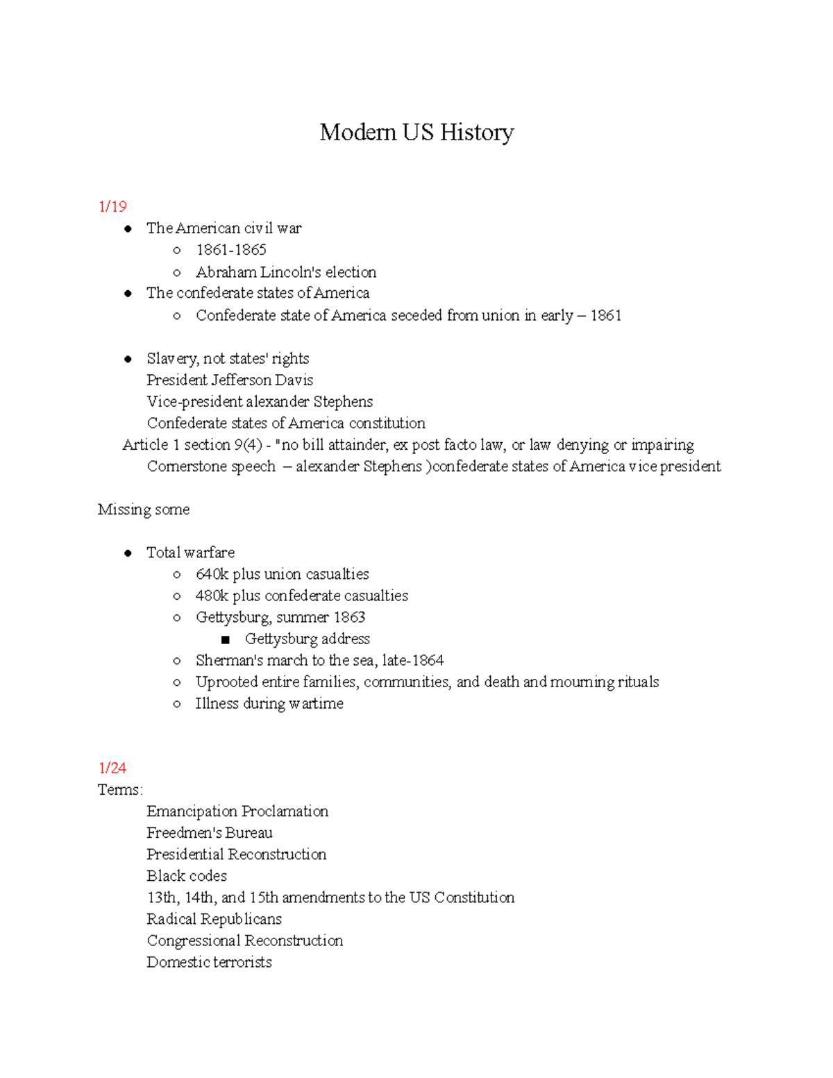 Modern US History - Modern US History 1/ The American civil war 1861 ...