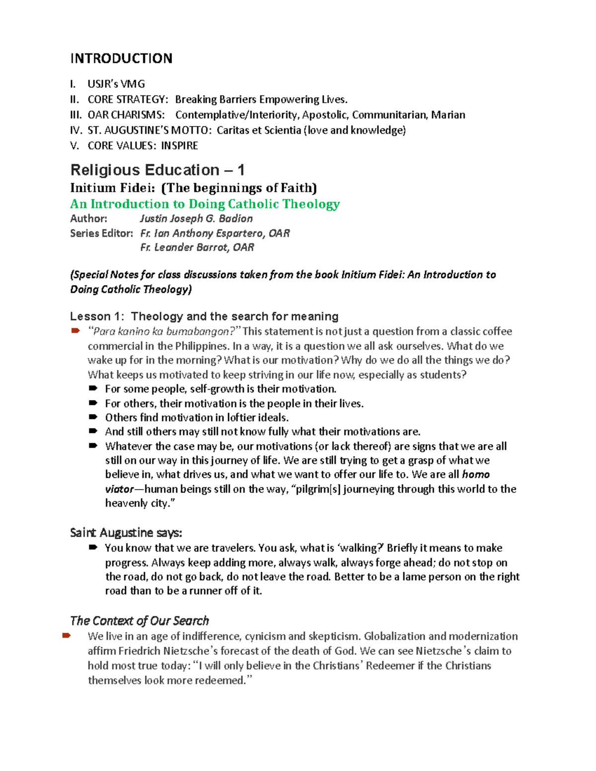 Pdfcoffee - reed notes - INTRODUCTION I. USJR’s VMG II. CORE STRATEGY ...