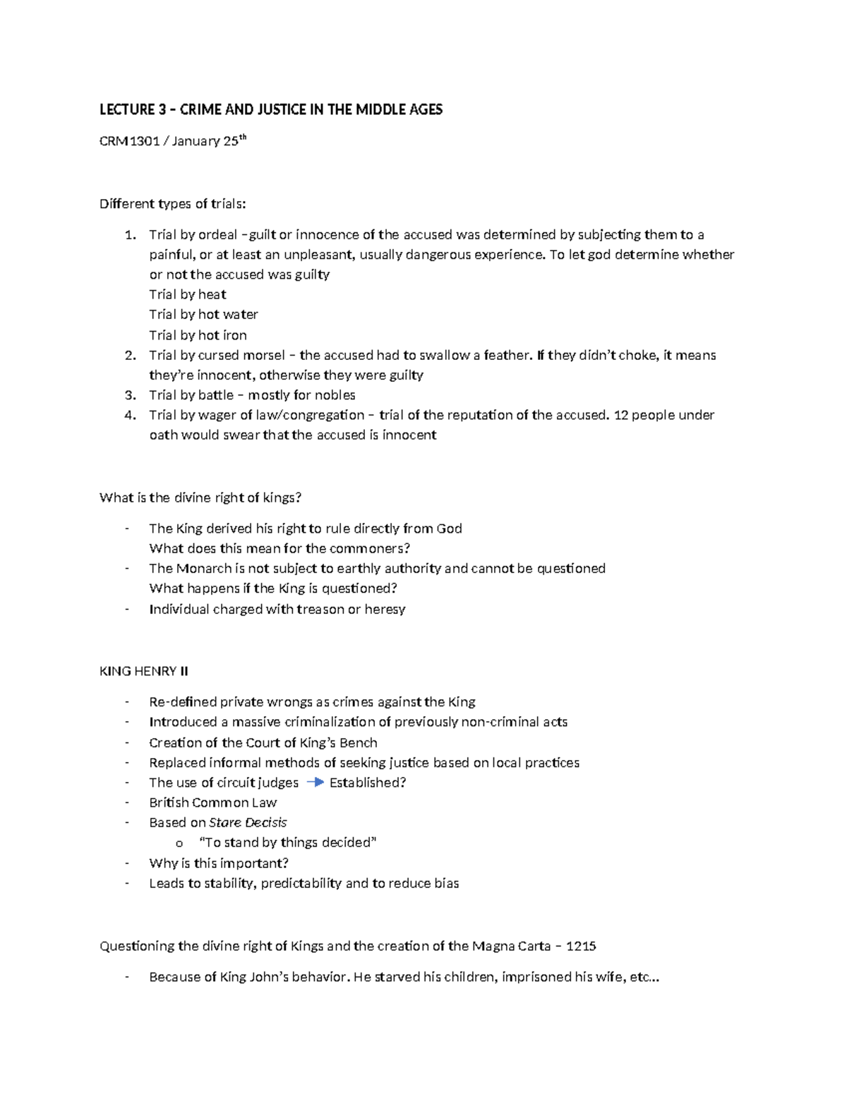 Lecture 3 - notes on crime and justice in the middle ages - LECTURE 3 ...