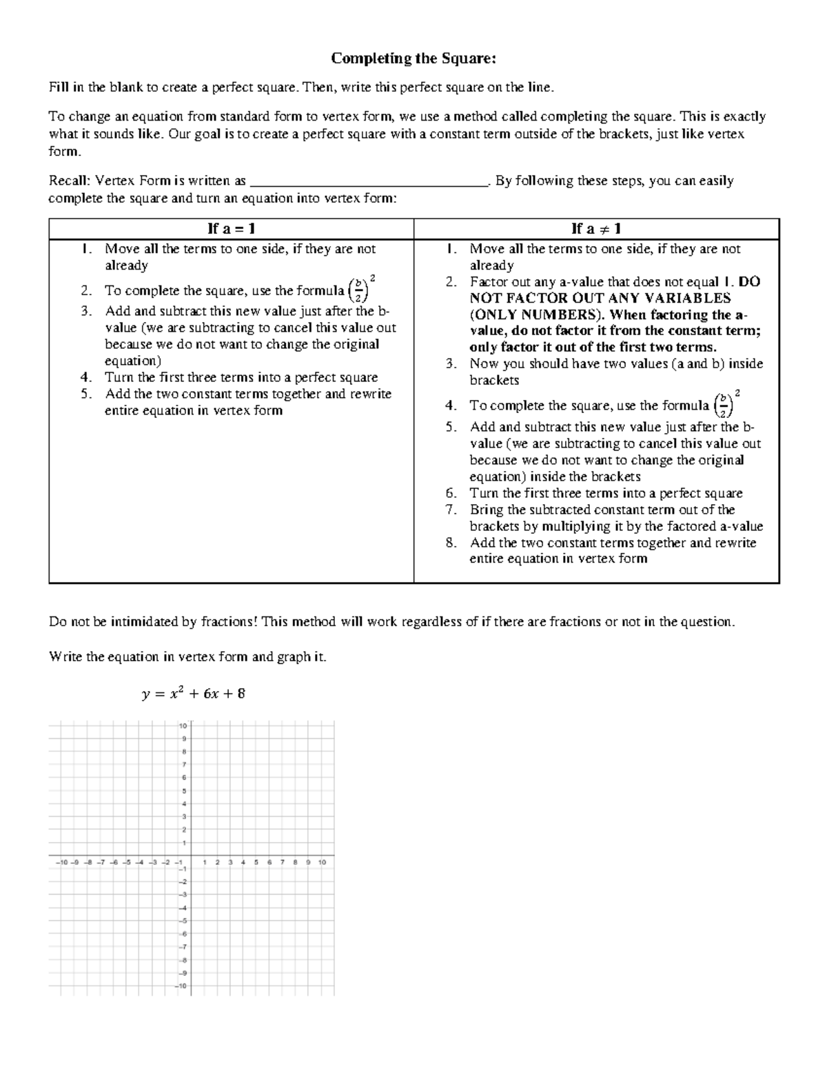 Completing the Square - notes - Completing the Square: Fill in the ...
