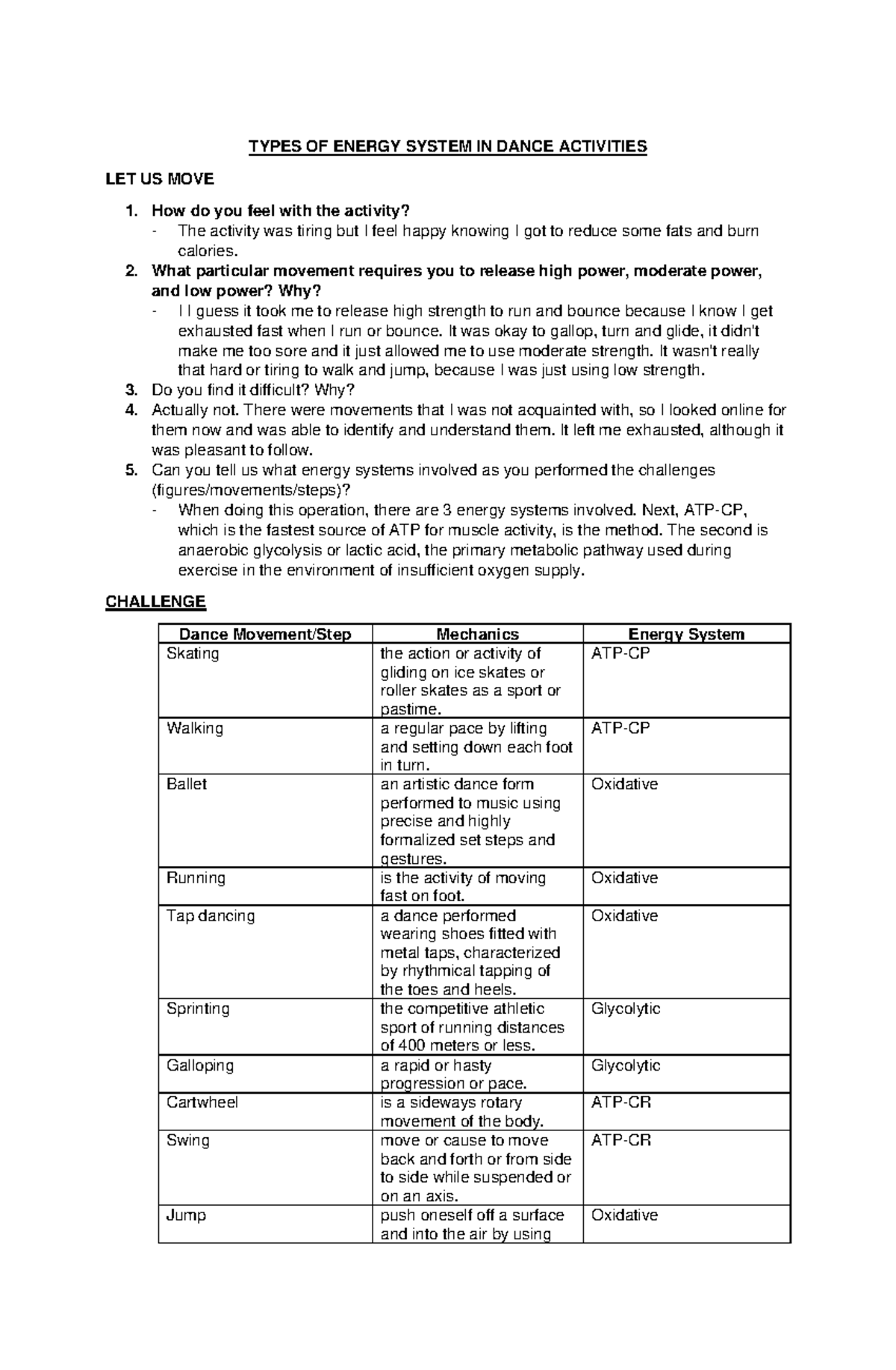 Types OF Energy System IN Dance Activities - TYPES OF ENERGY SYSTEM IN ...