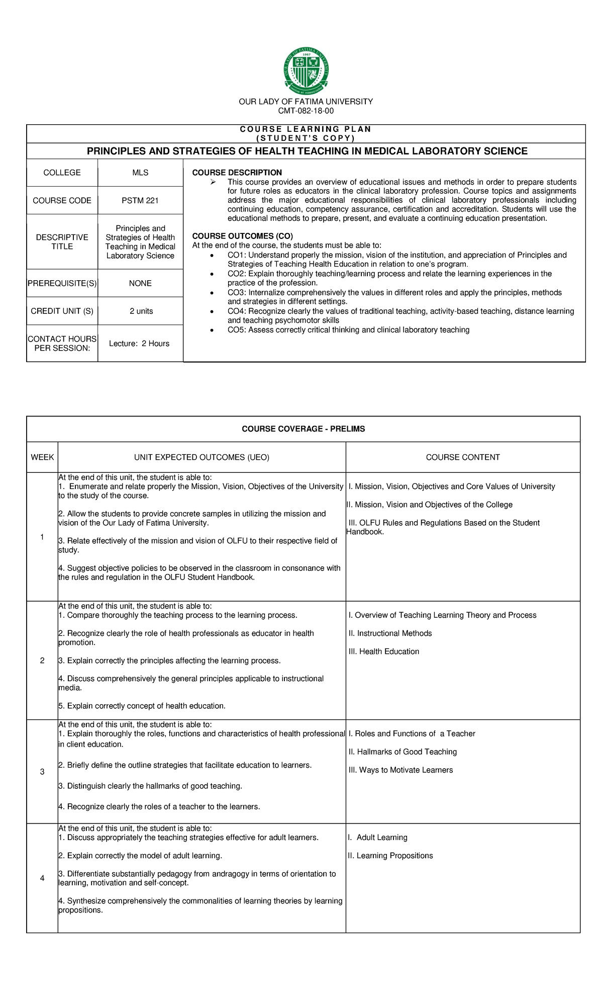 PSTM-221- Syllabus-. Student COPY - OUR LADY OF FATIMA UNIVERSITY CMT ...