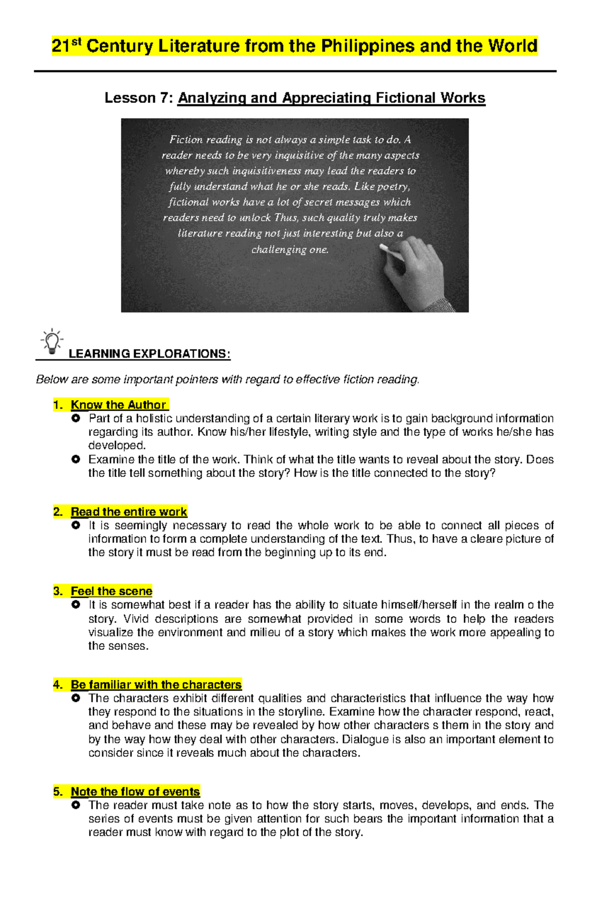21st Century Literature Lesson 7 Analyzing And Appreciating Fictional 