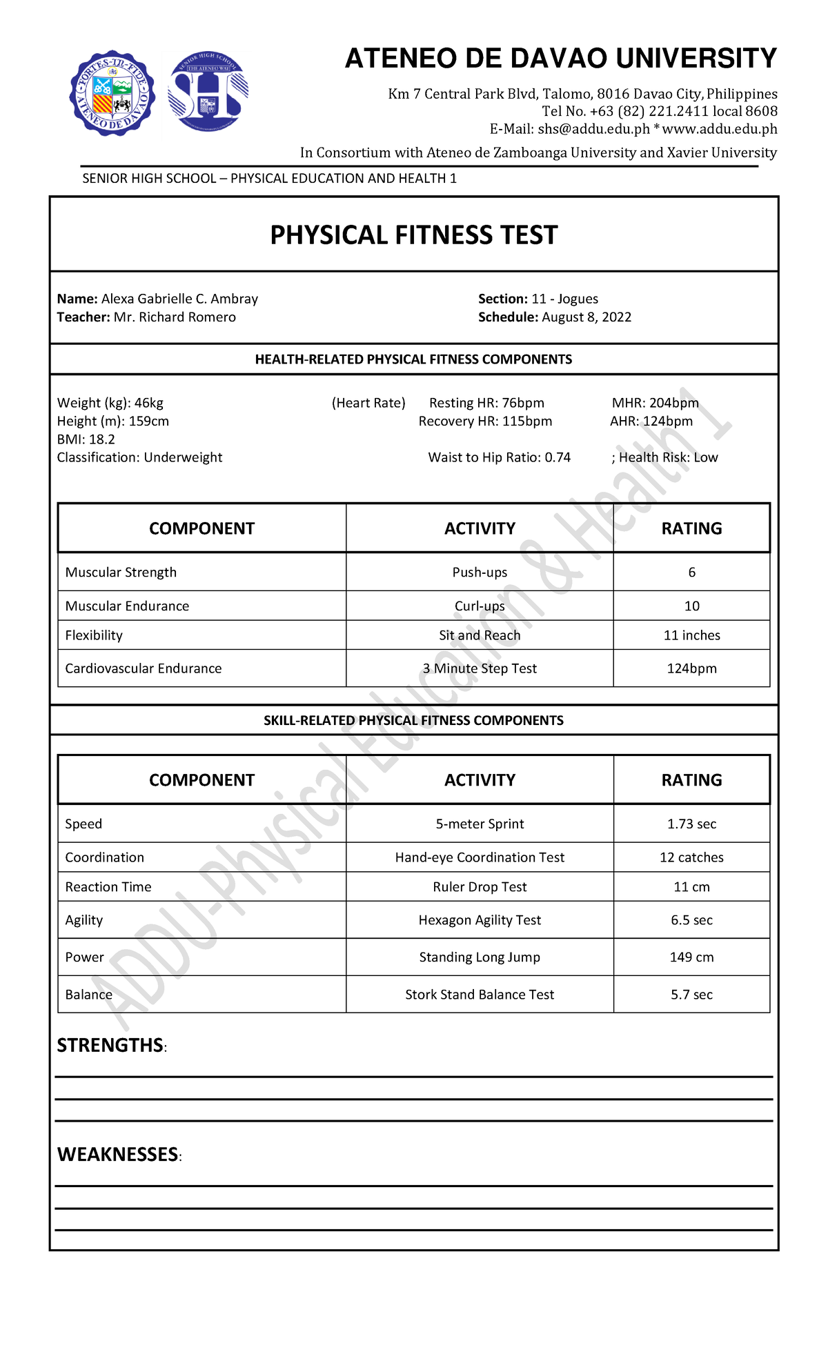 Physical Fitness Pre-test Form - ATENEO DE DAVAO UNIVERSITY Km 7 ...