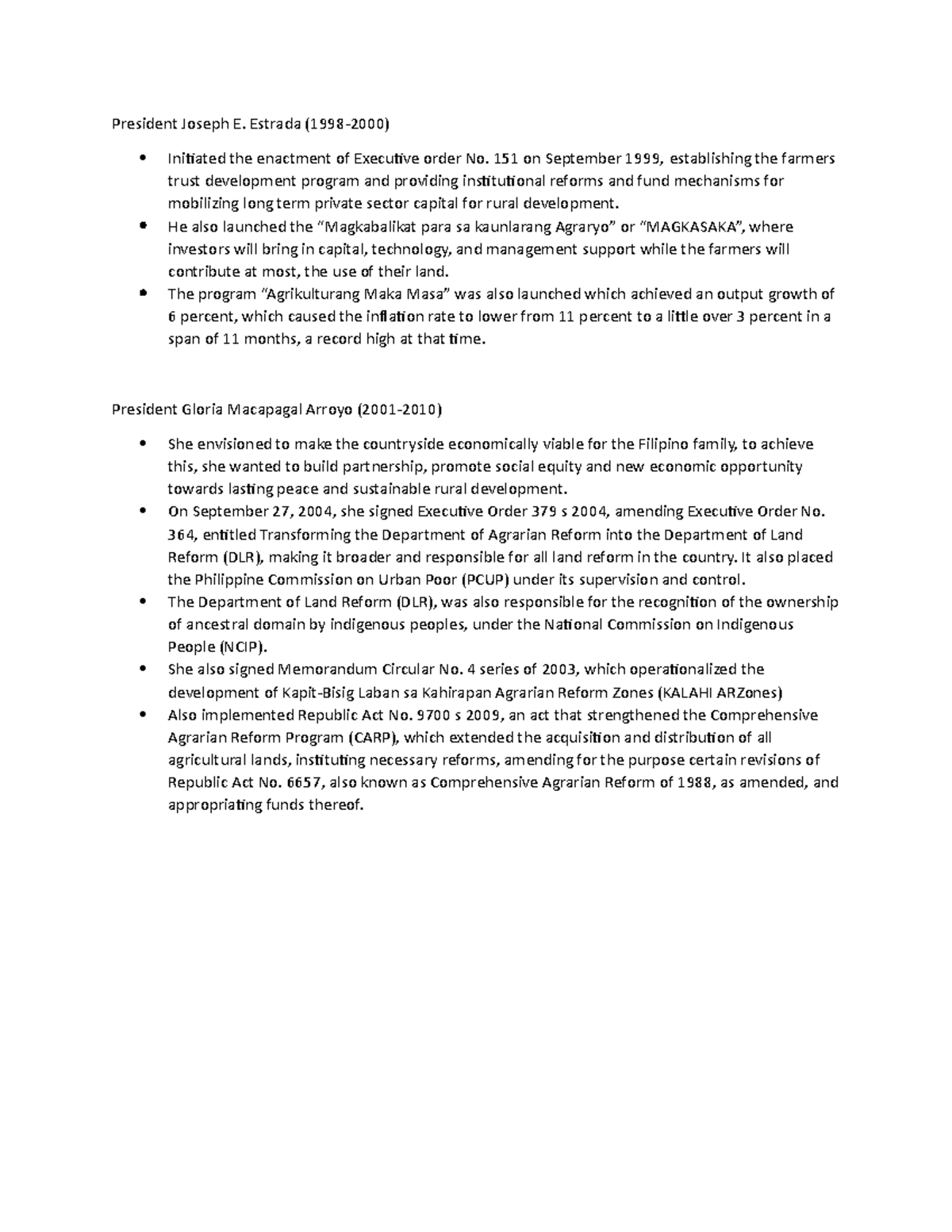 December 1 Report Contents for Arroyo and Erap Administration ...