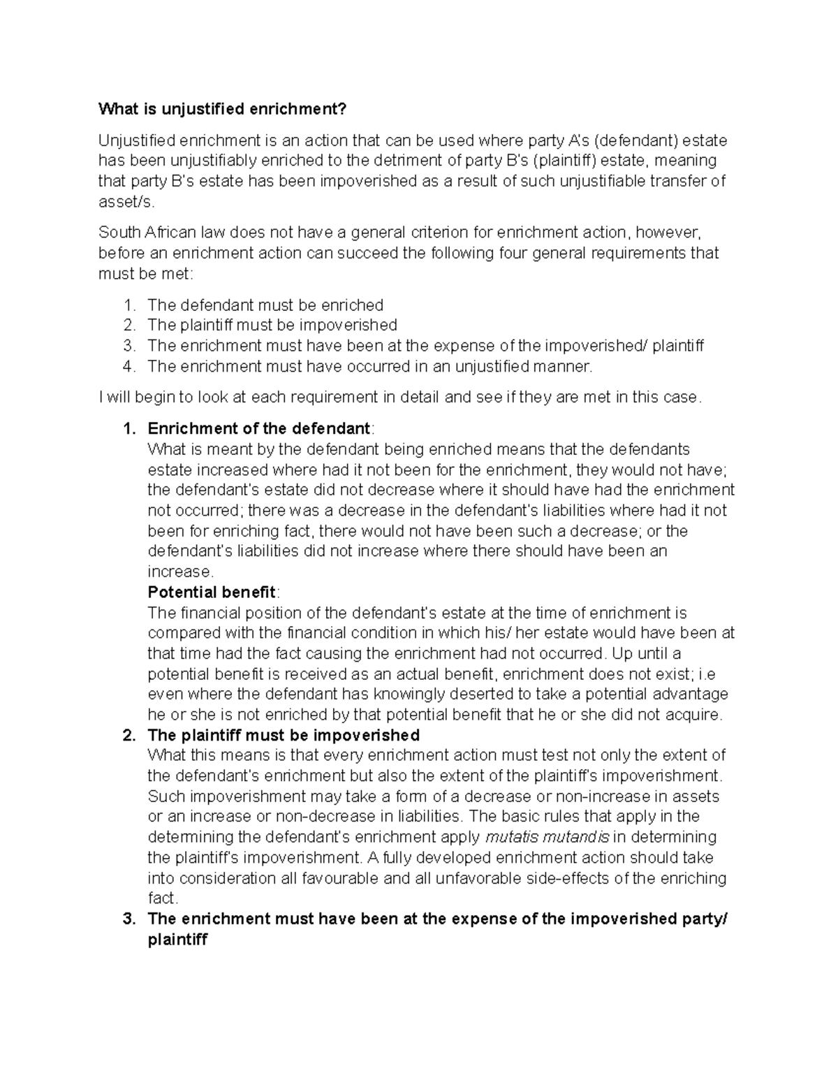 Notes - unjustified enrichment summarized notes - What is unjustified ...