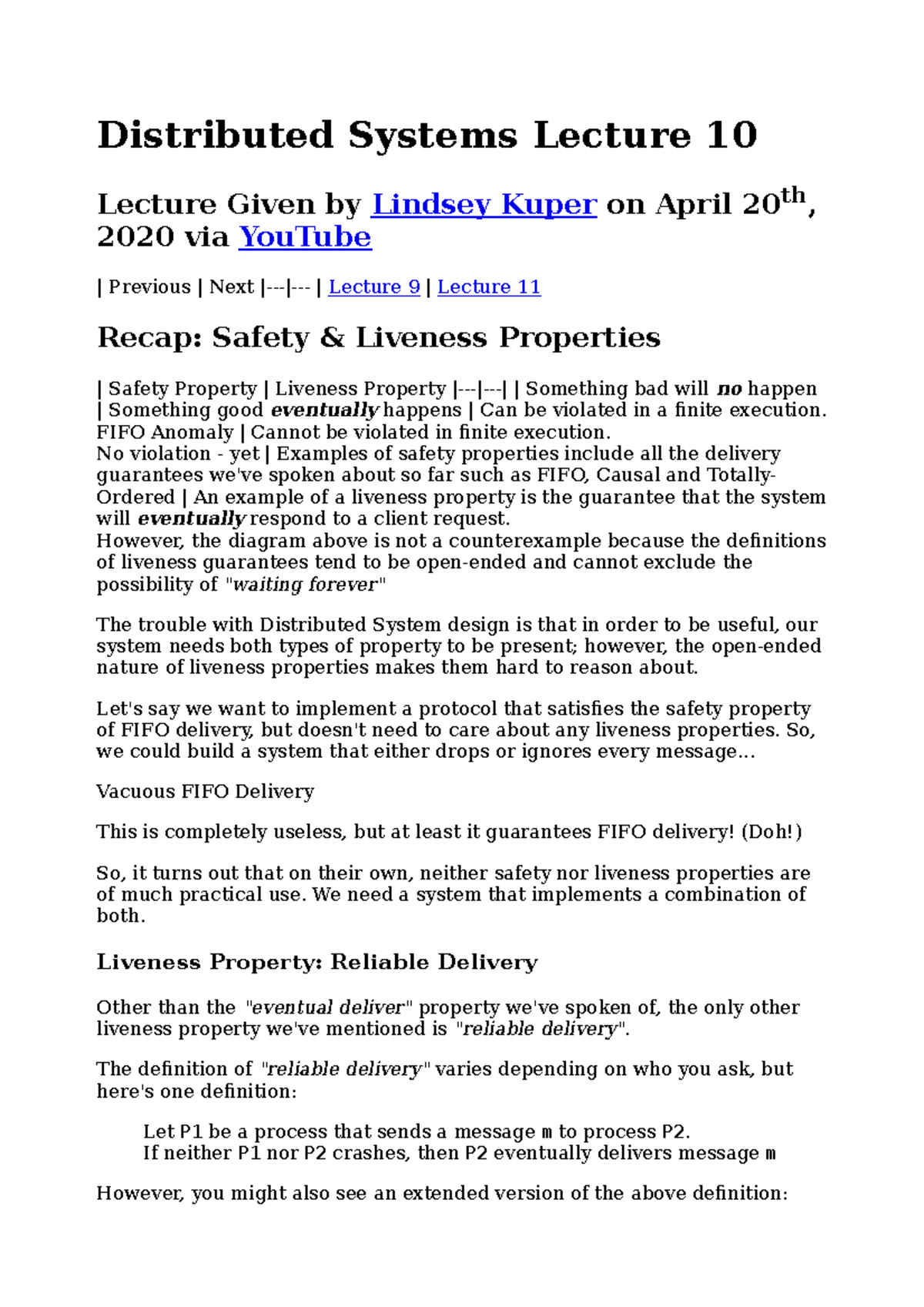 Lecture 10 - Distributed Systems Lecture 10 Lecture Given by Lindsey ...