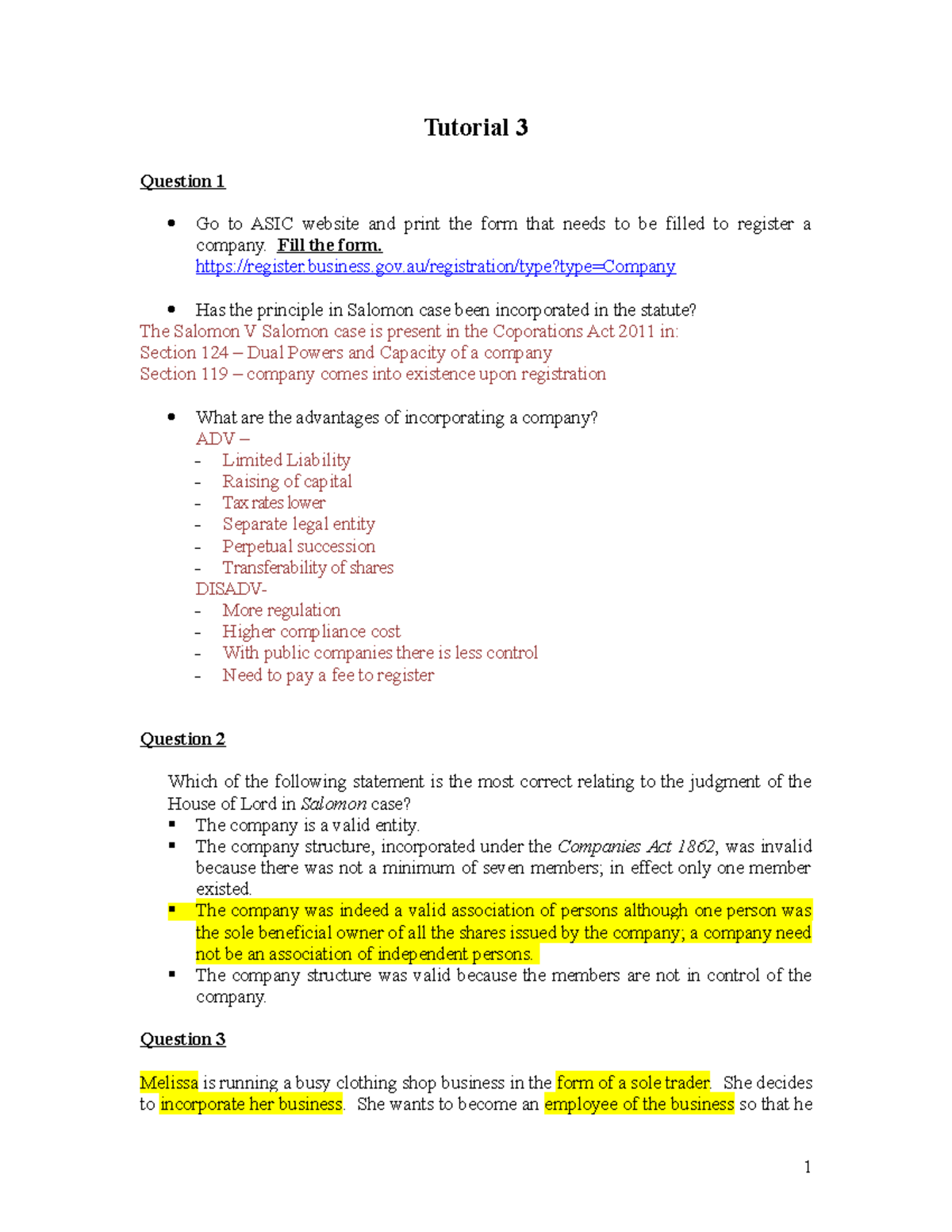Tutorial 3 - Tutorial 3 Question 1 Go to ASIC website and print the form that needs to be filled ...