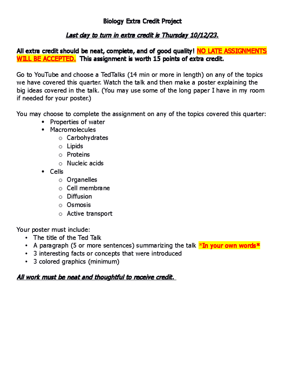 Biology Extra Credit 1st Quarter 2023 24 - Biology Extra Credit Project ...