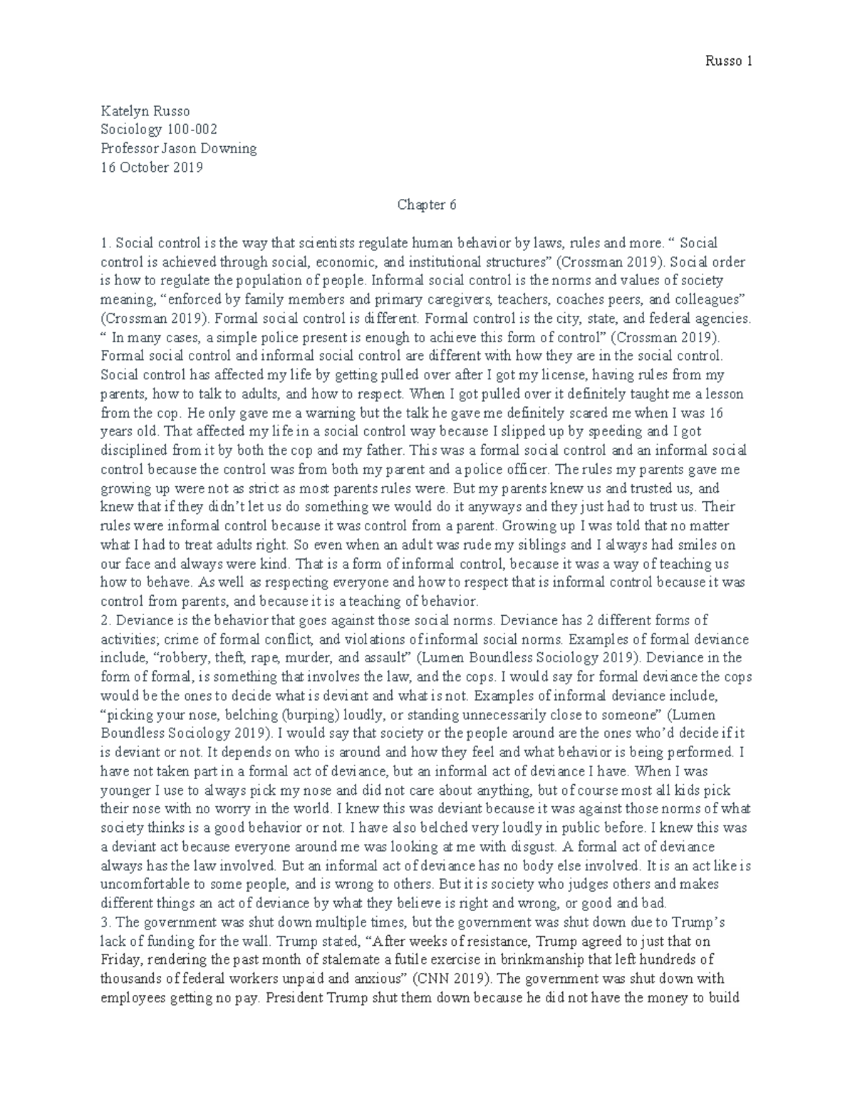 Chapter 6 Content Assignment Real - Russo 1 Katelyn Russo Sociology 100 ...