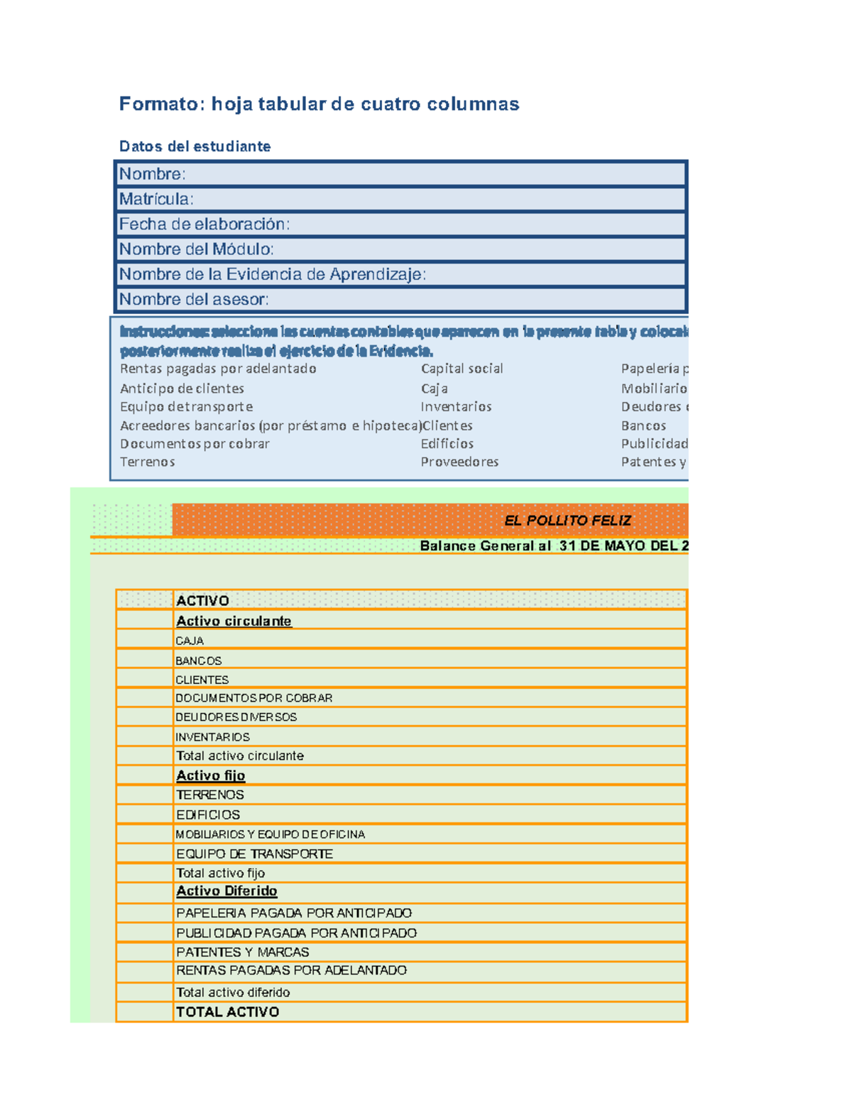Balance de conta - Formato: hoja tabular de cuatro columnas ACTIVO ...
