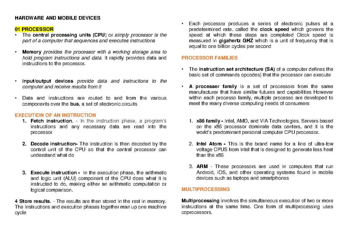 IT-APP- Reviewer - HARDWARE AND MOBILE DEVICES 01 PROCESSOR The central ...