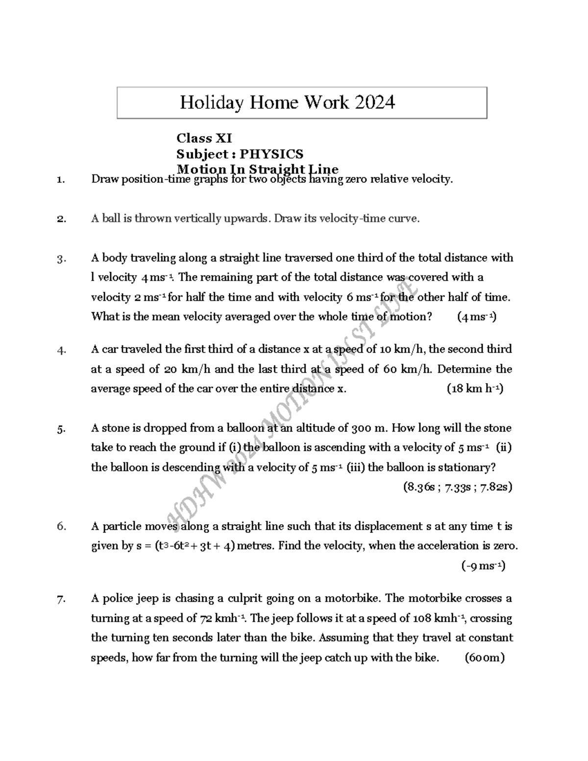 Holiday Home Work Class XI 2024 Motion IN Straight LINE - Holiday Home Work 2024 Class XI ...