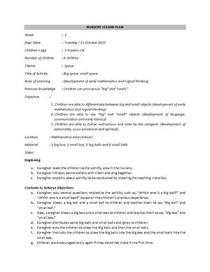 lesson plan of kindergarten - TADIKA LESSON PLAN Class : Wonder 6 Date ...