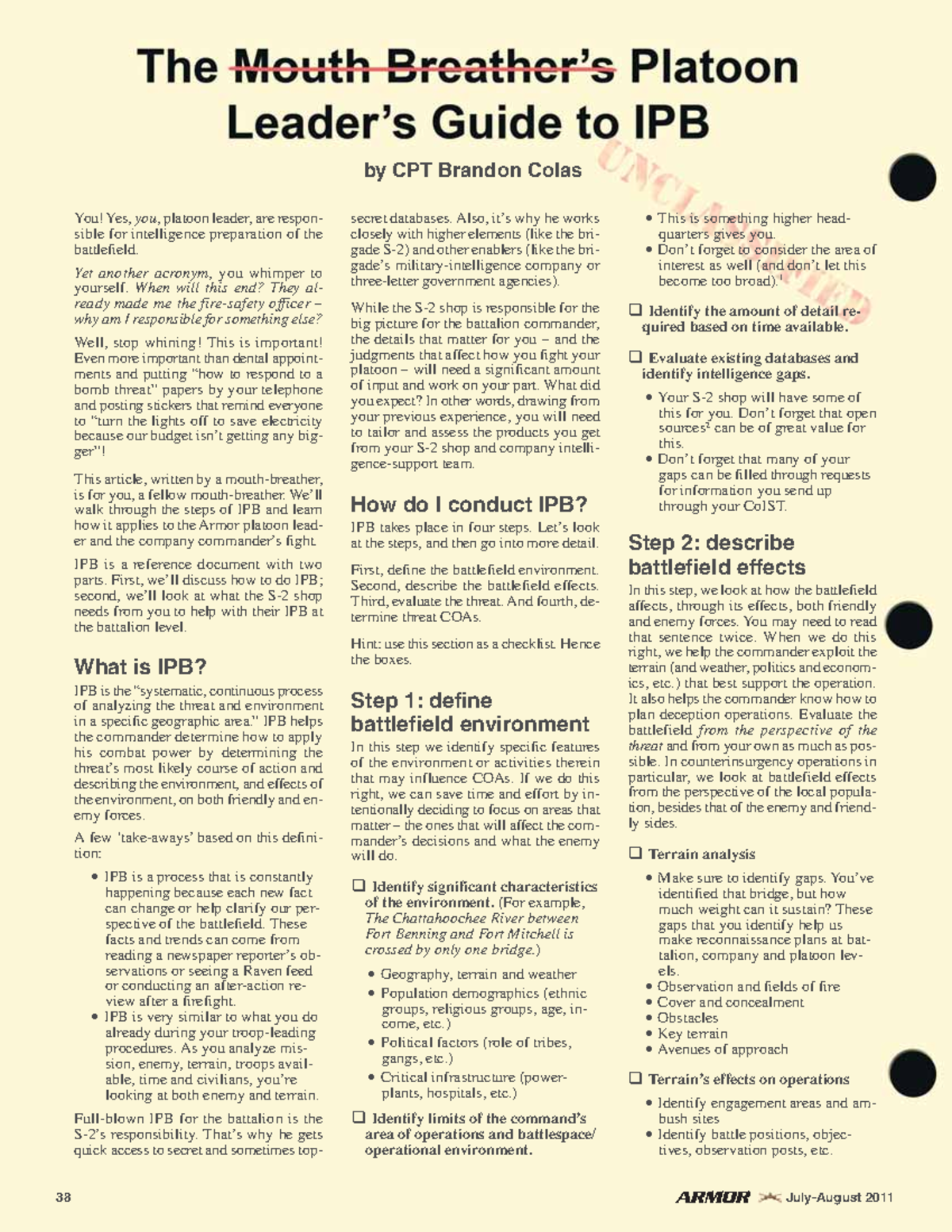 The Platoon Leader's Guide to IPB - You! Yes, you, platoon leader, are ...