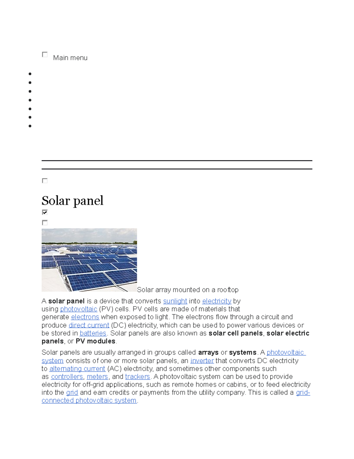 Project - Main menu Solar panel Solar array mounted on a rooftop A ...