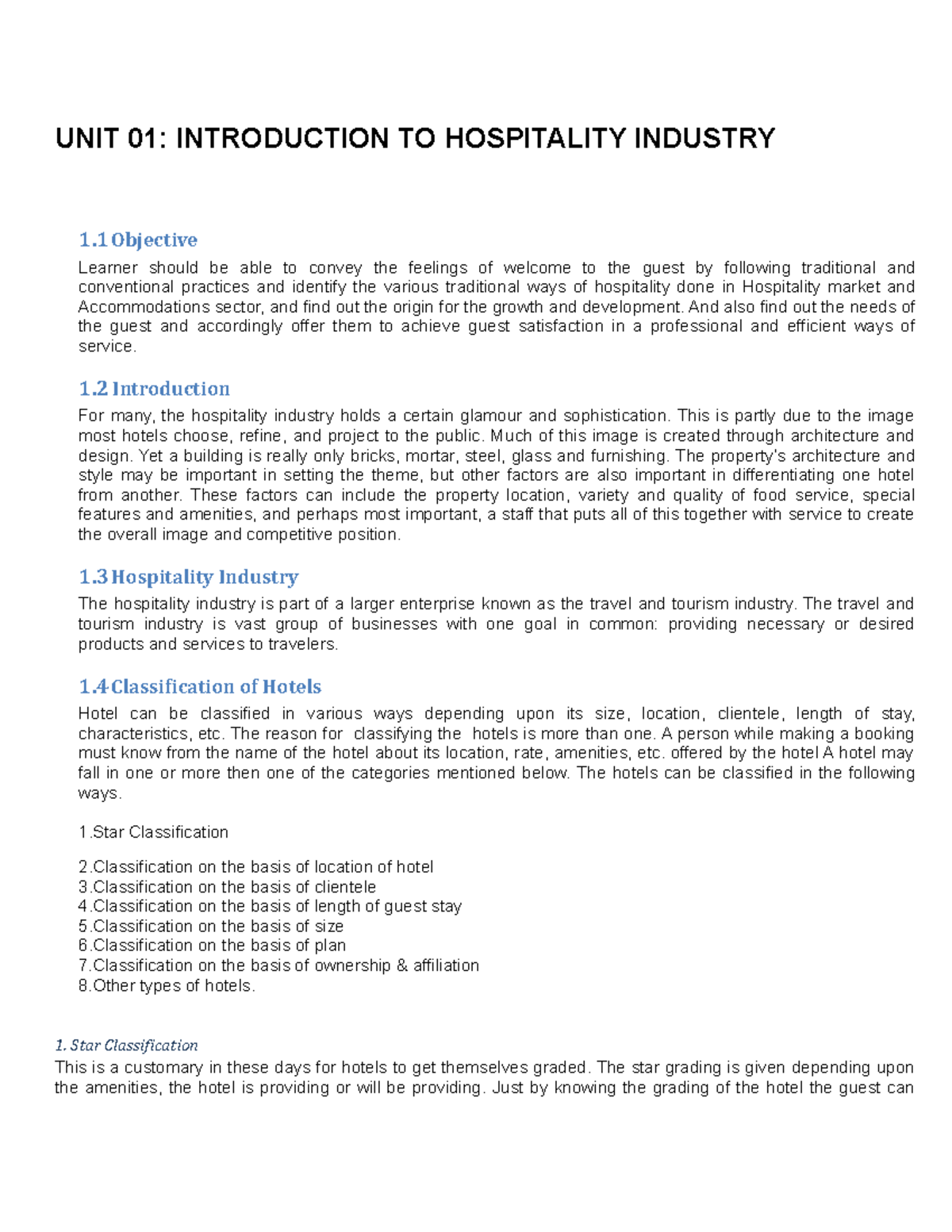 UNIT 01 - Lodging Operations - UNIT 01: INTRODUCTION TO HOSPITALITY ...