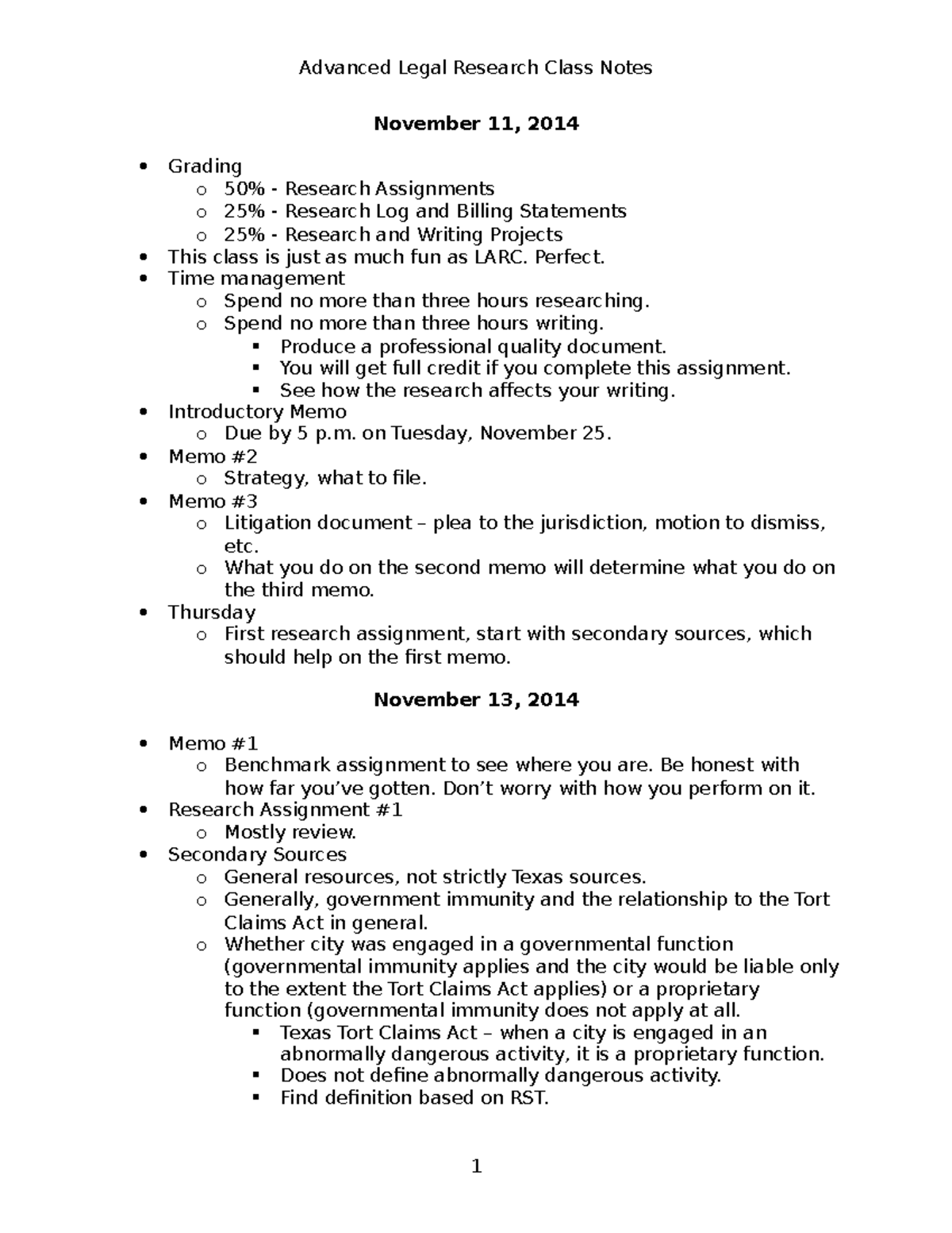 ALR Class Notes - Outline - November 11, 2014 Grading o 50% - Research ...