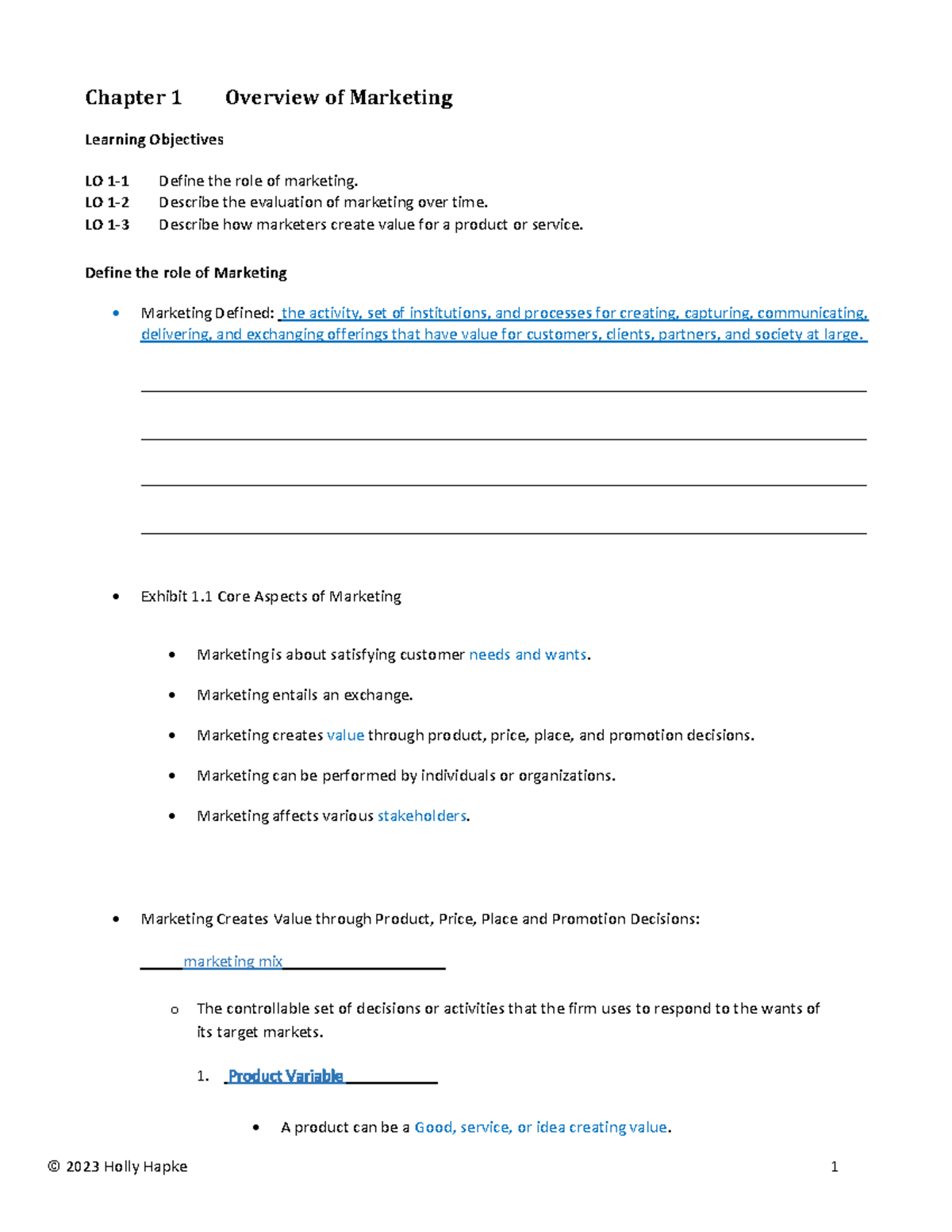 Ch 1 Notes MKT300 - © 2023 Holly Hapke 1 Chapter 1 Overview of ...