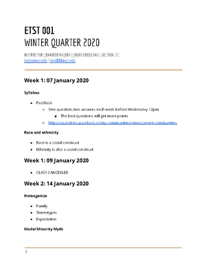 ETST 001 Introduction to the Study of Race and Ethnicity Lecture Notes ...