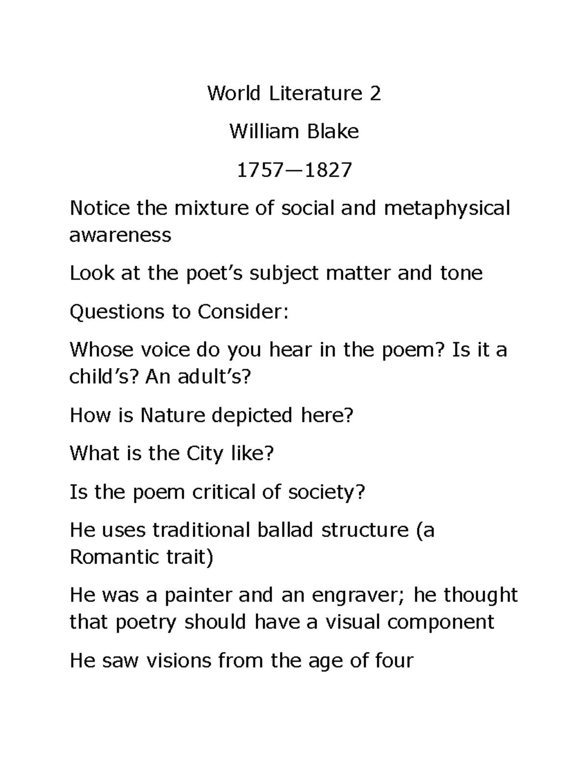 World Literature 2 William Blake - World Literature 2 William Blake ...