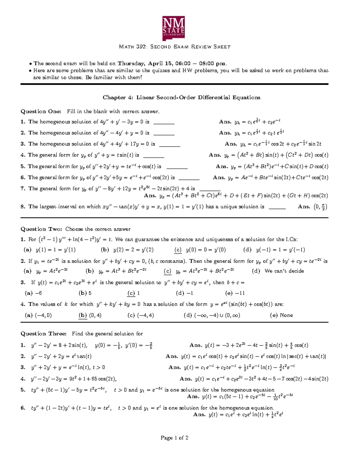 Math392 Second Exam Review - Math 392: Second Exam Review Sheet The ...
