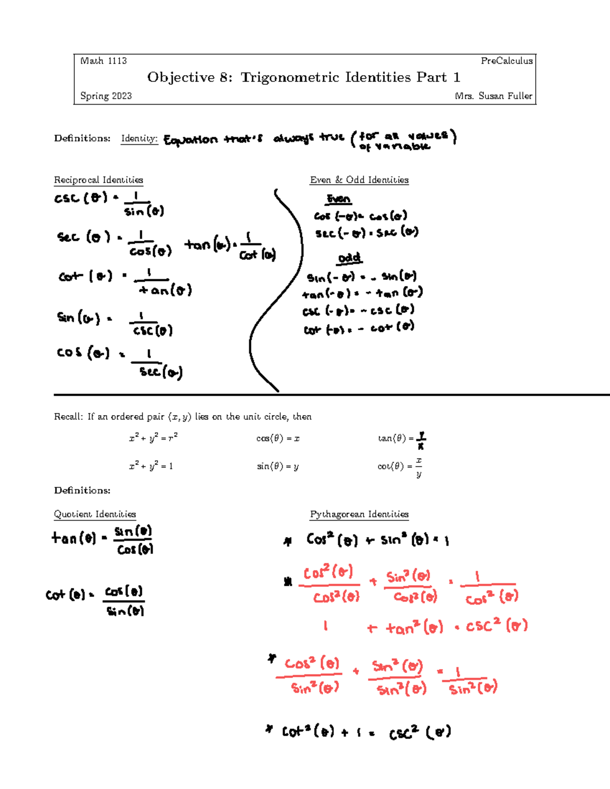 Hw8 - Notes - Math 1113 PreCalculus Objective 8: Trigonometric ...