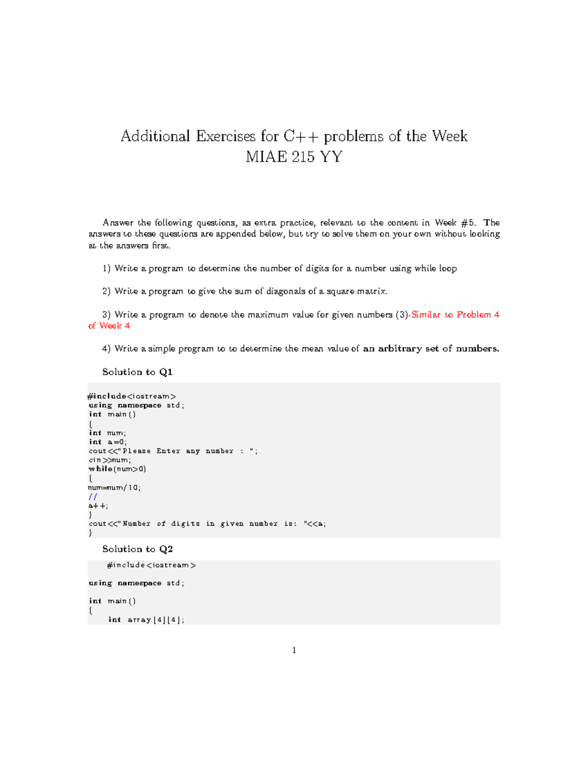 Week 5 Extra practice material - Additional Exercises for C++ problems ...