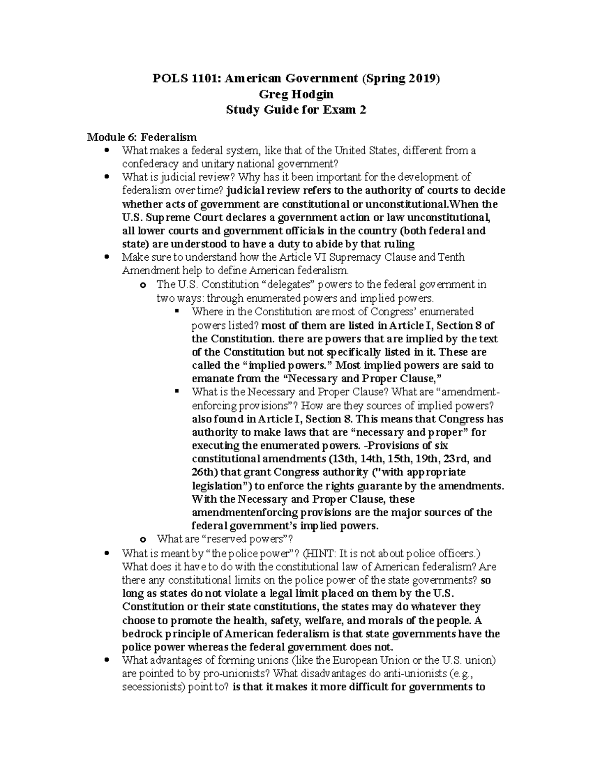POLS 1101 - Spring 2019 Hodgin - Exam 2 Study Guide - POLS 1101 ...
