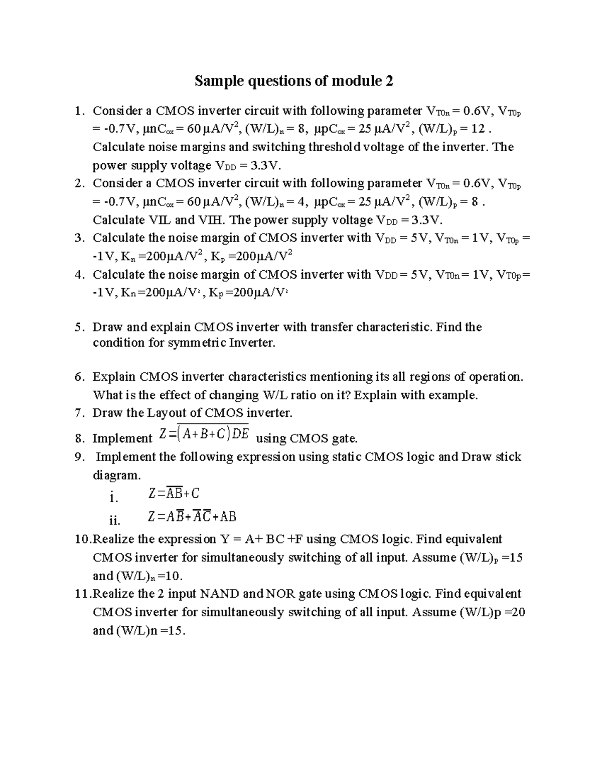 Combinational Cmos Logic Circuits Sample Questions Of Module 2 1
