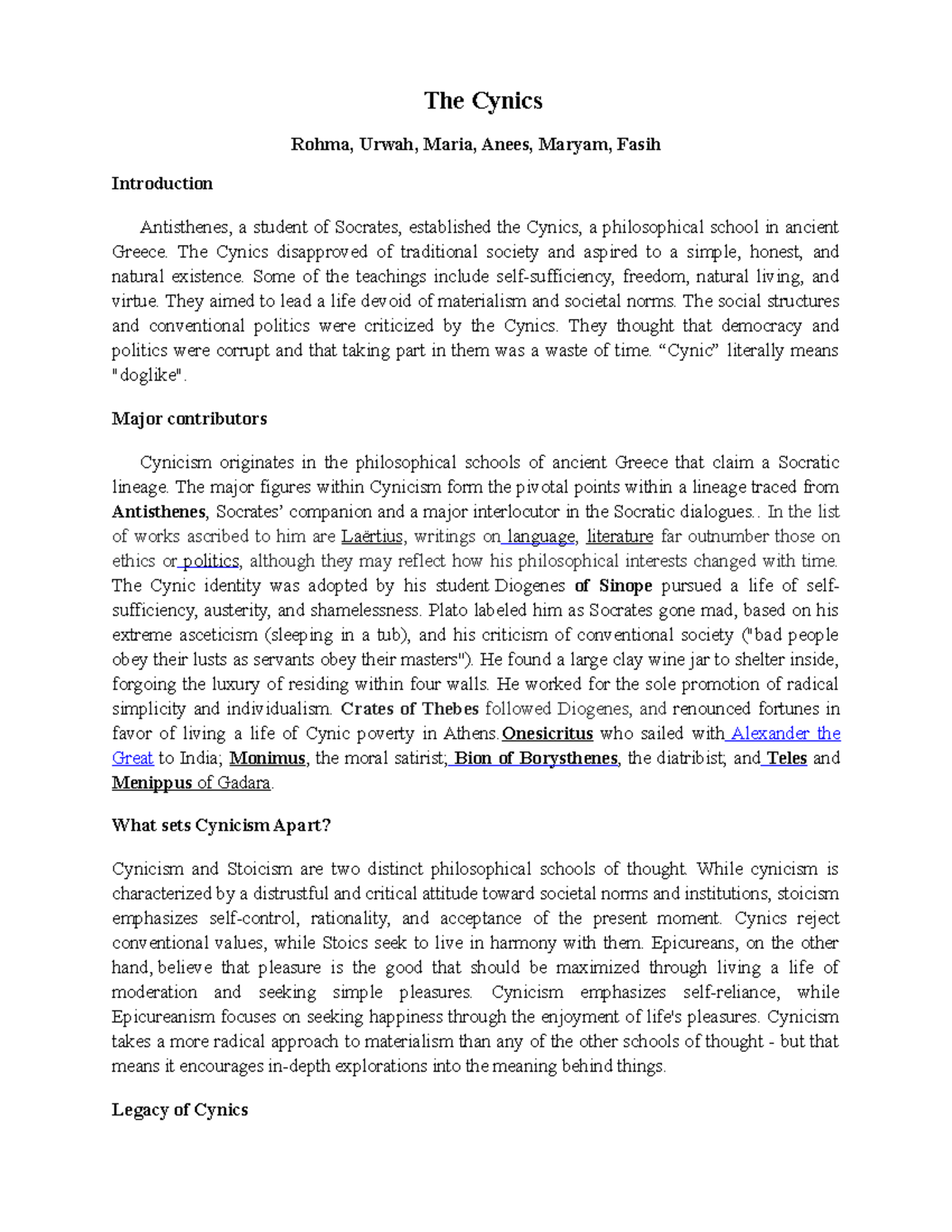 The Cynics - The Cynics Rohma, Urwah, Maria, Anees, Maryam, Fasih Introduction Antisthenes, a ...