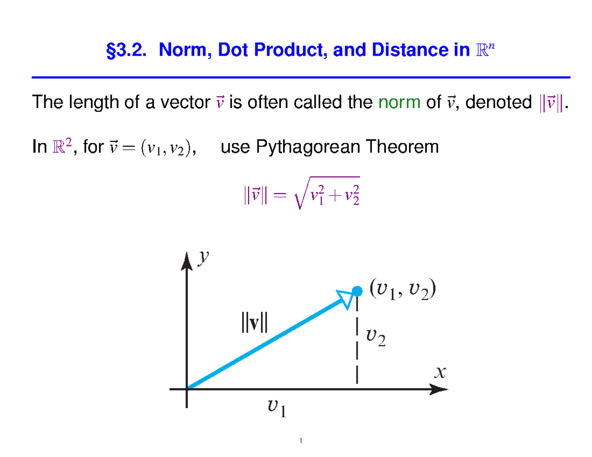 3.2 - 3.2 - §3. Norm, Dot Product, and Distance in Rn The length of a vector ~v is often called ...