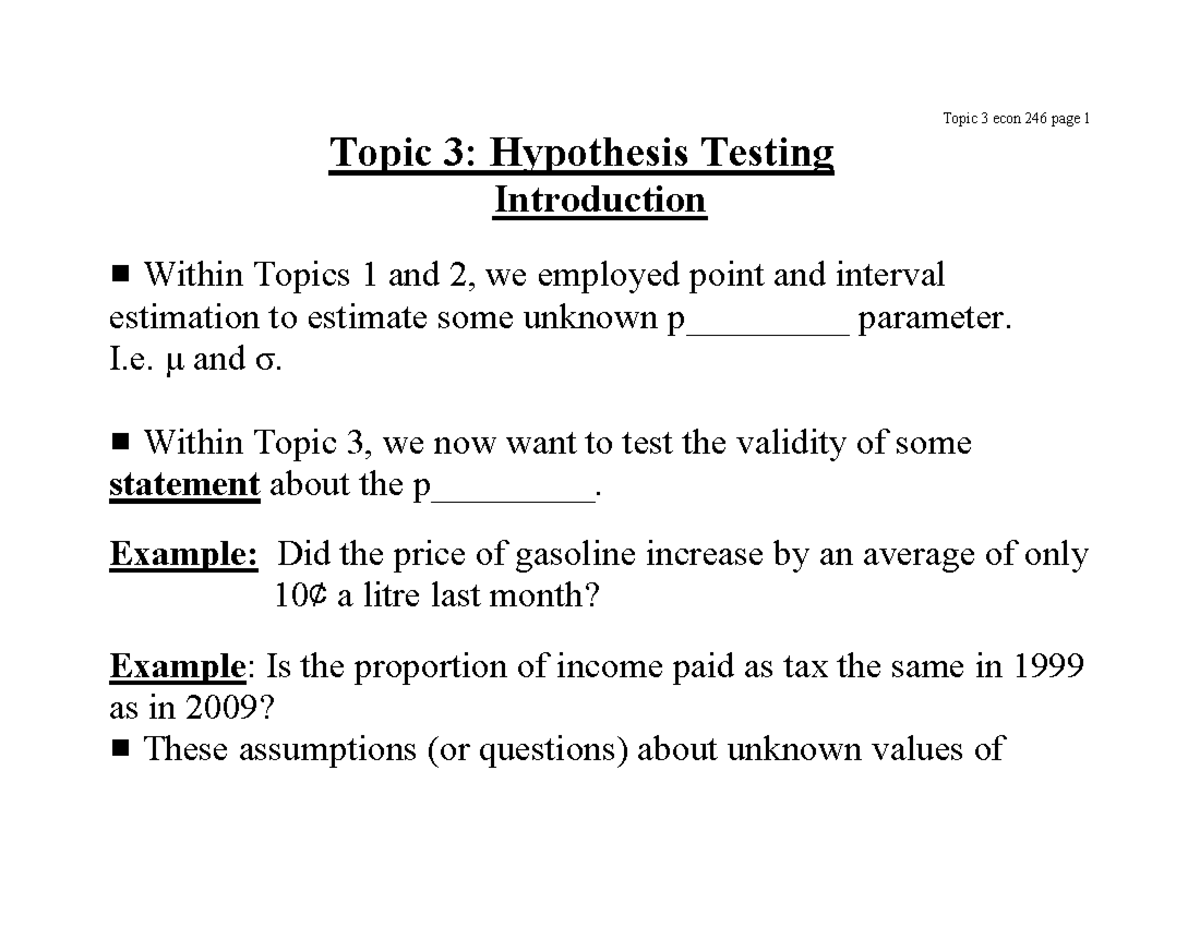 Topic 3 Lecture Slides - Topic 3: Hypothesis Testing Introduction ...